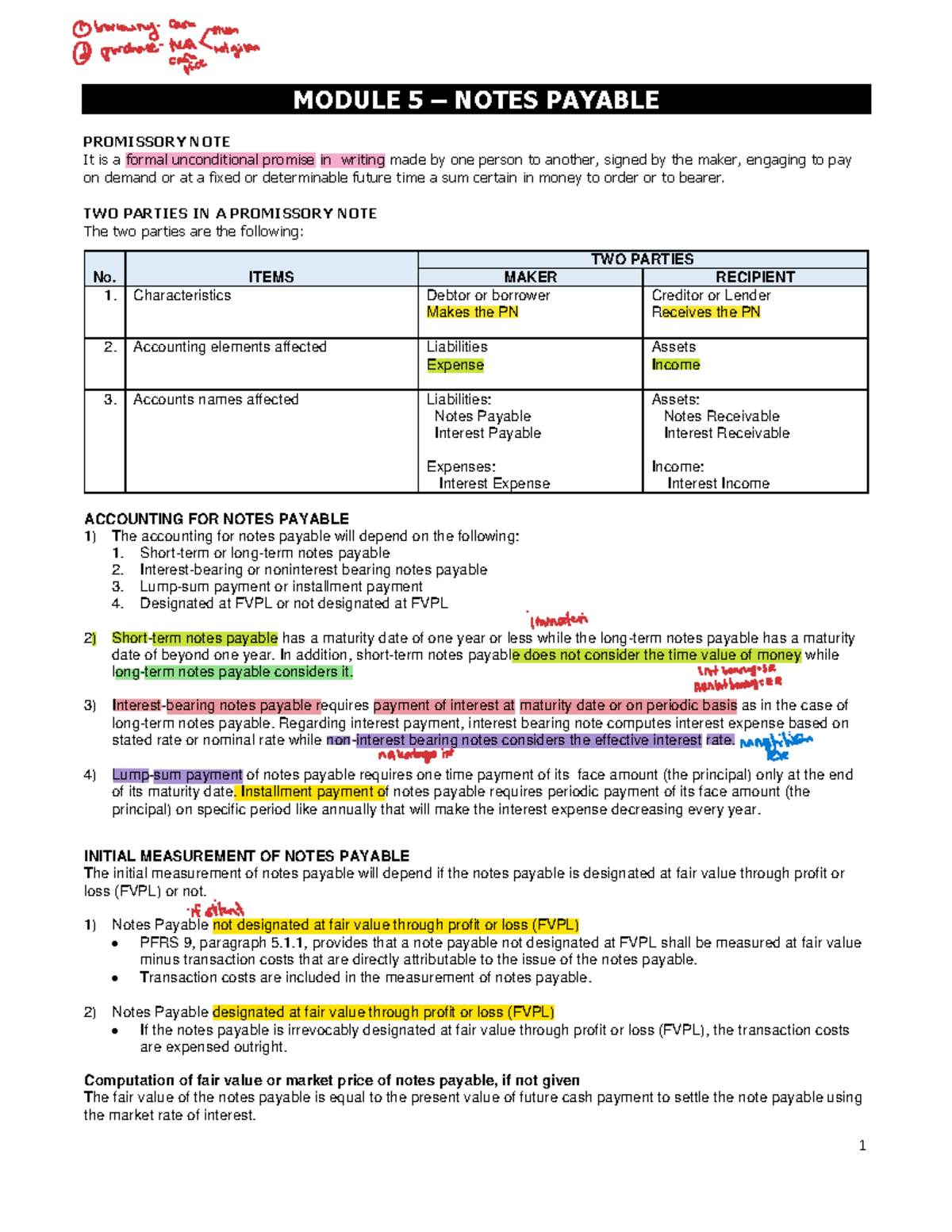 Module 5 Notes Payable Students - MODULE 5 – NOTES PAYABLE PROMISSORY ...