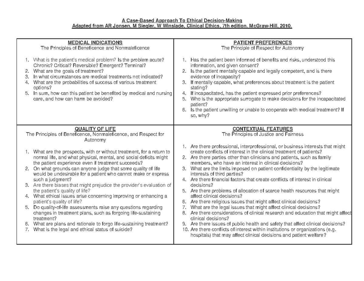 Seigler - 4 Boxes - A Case-Based Approach To Ethical Decision-Making ...
