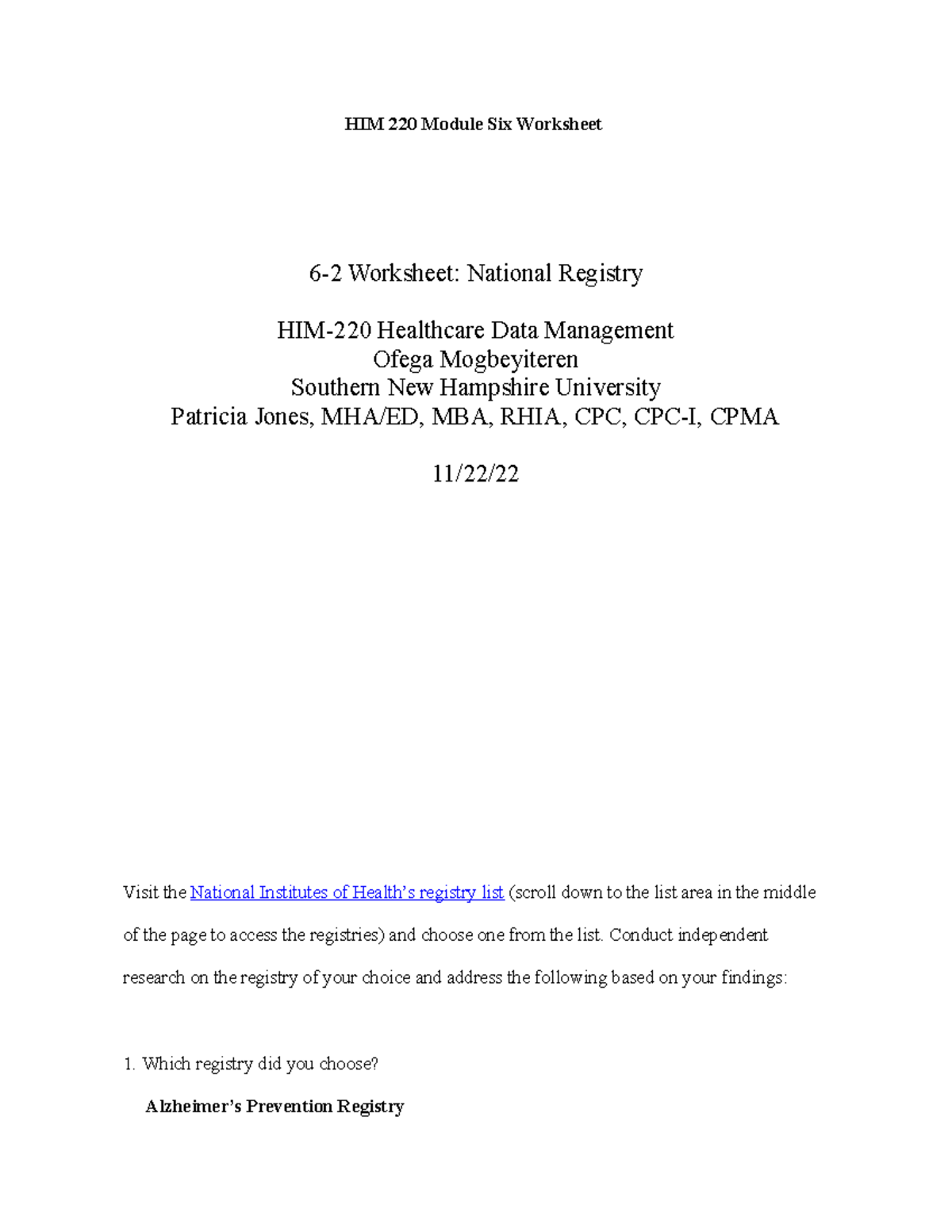 HIM 220 Module Six Worksheet - HIM 220 Module Six Worksheet 6-2 ...