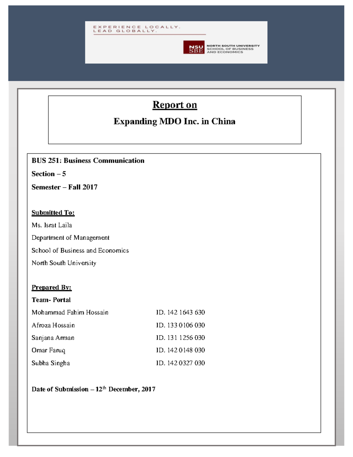 Bus251-final-report - ffffffffffffffffffff - Group Report on “Decreased ...