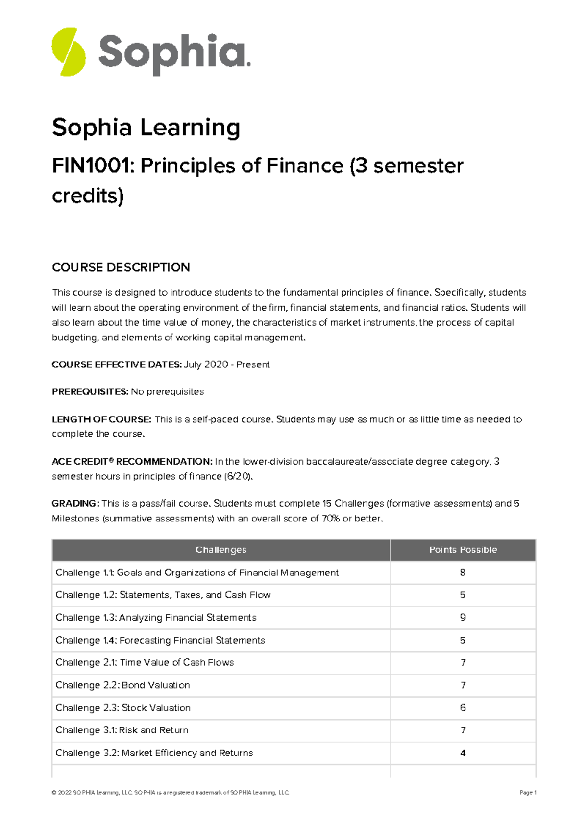 Sophia principles of finance syllabus - Sophia Learning FIN1001 ...