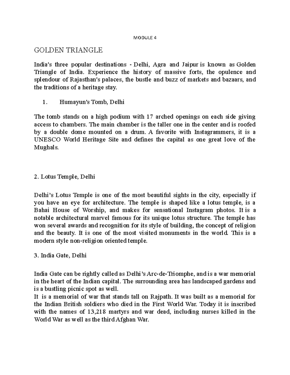 Module 4 - Study material - MODULE 4 GOLDEN TRIANGLE India's three popular destinations - Delhi ...