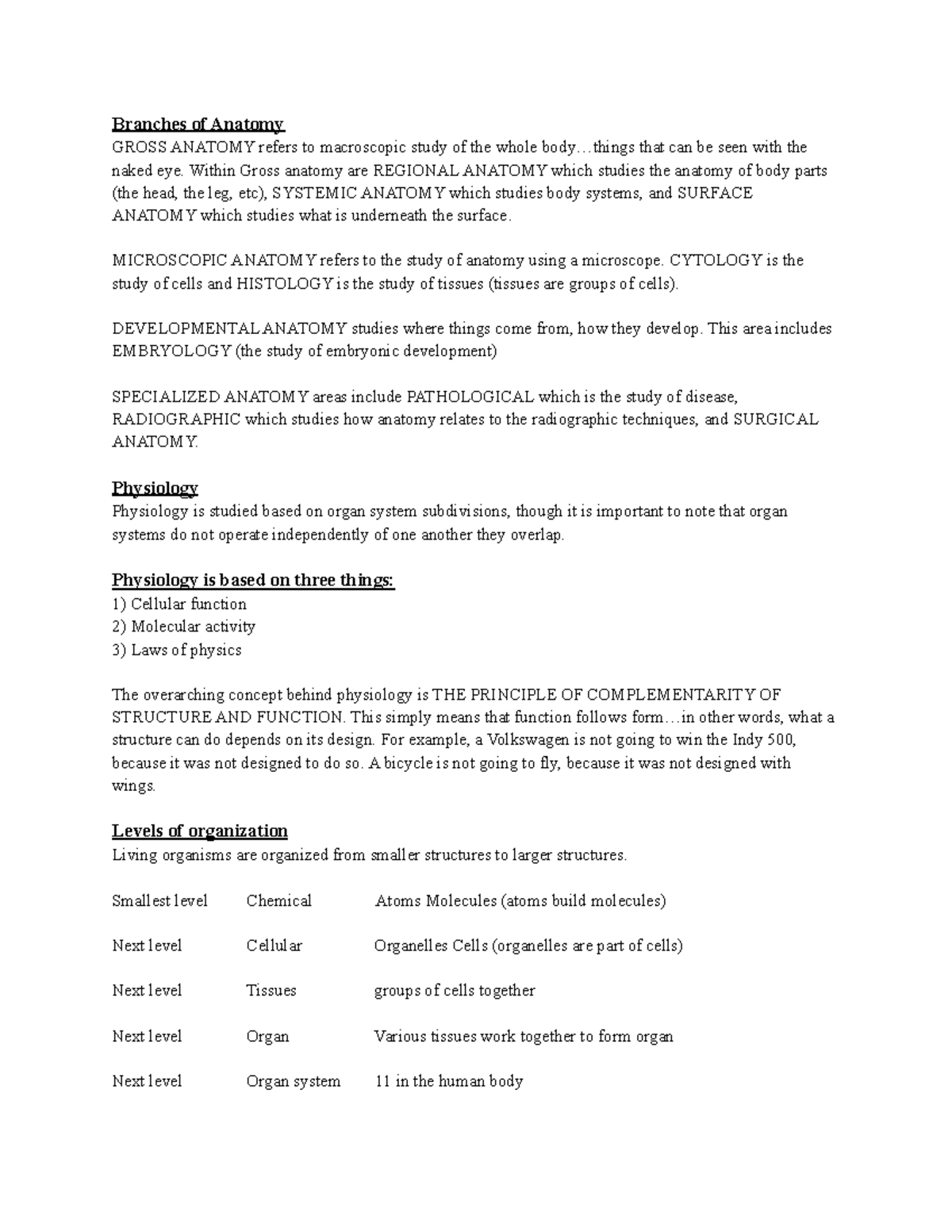 Intro to Anatomy - lecture notes - Branches of Anatomy GROSS ANATOMY ...