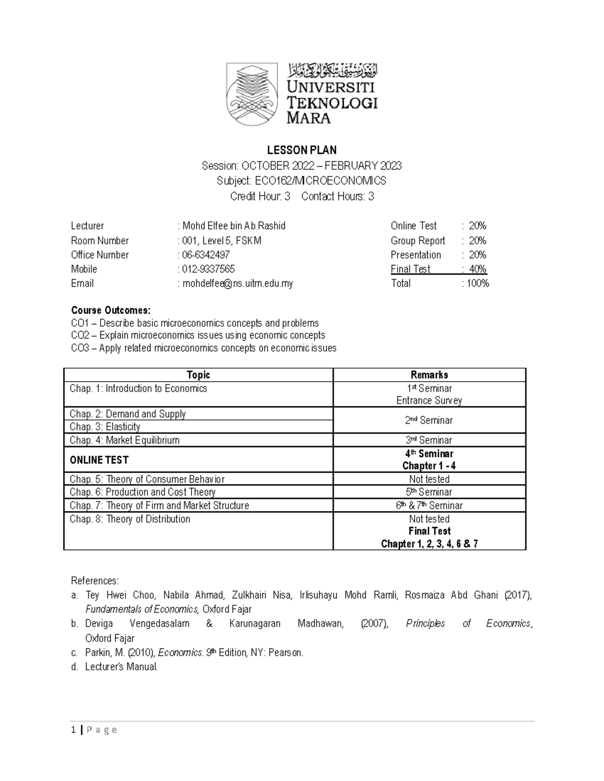 Lesson PLAN ECO162 2022 23 - 1 | P a g e LESSON PLAN Session: OCTOBER 2022 – FEBRUARY 2023 ...