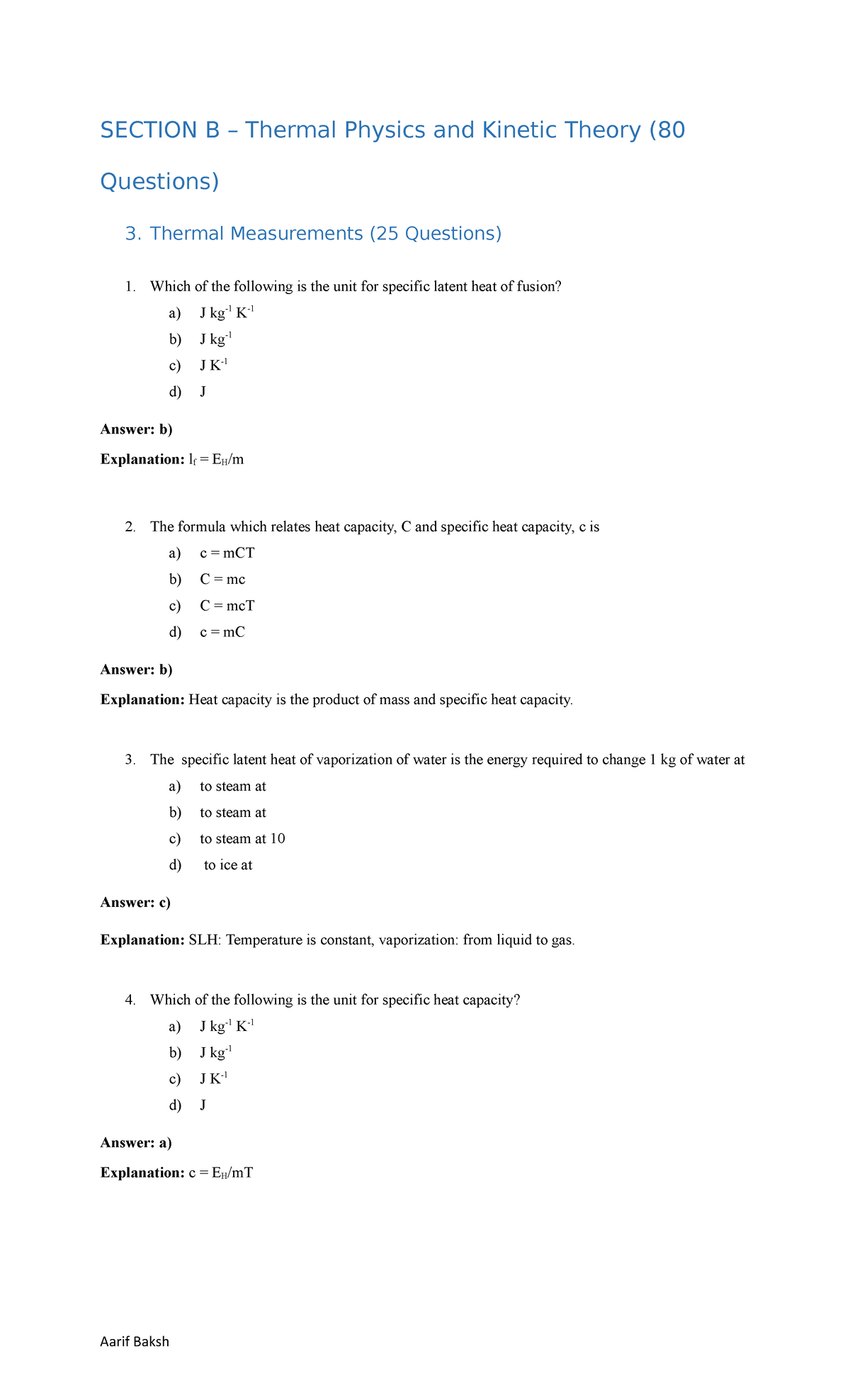 Physics B3 - SECTION B – Thermal Physics and Kinetic Theory ( Questions ...