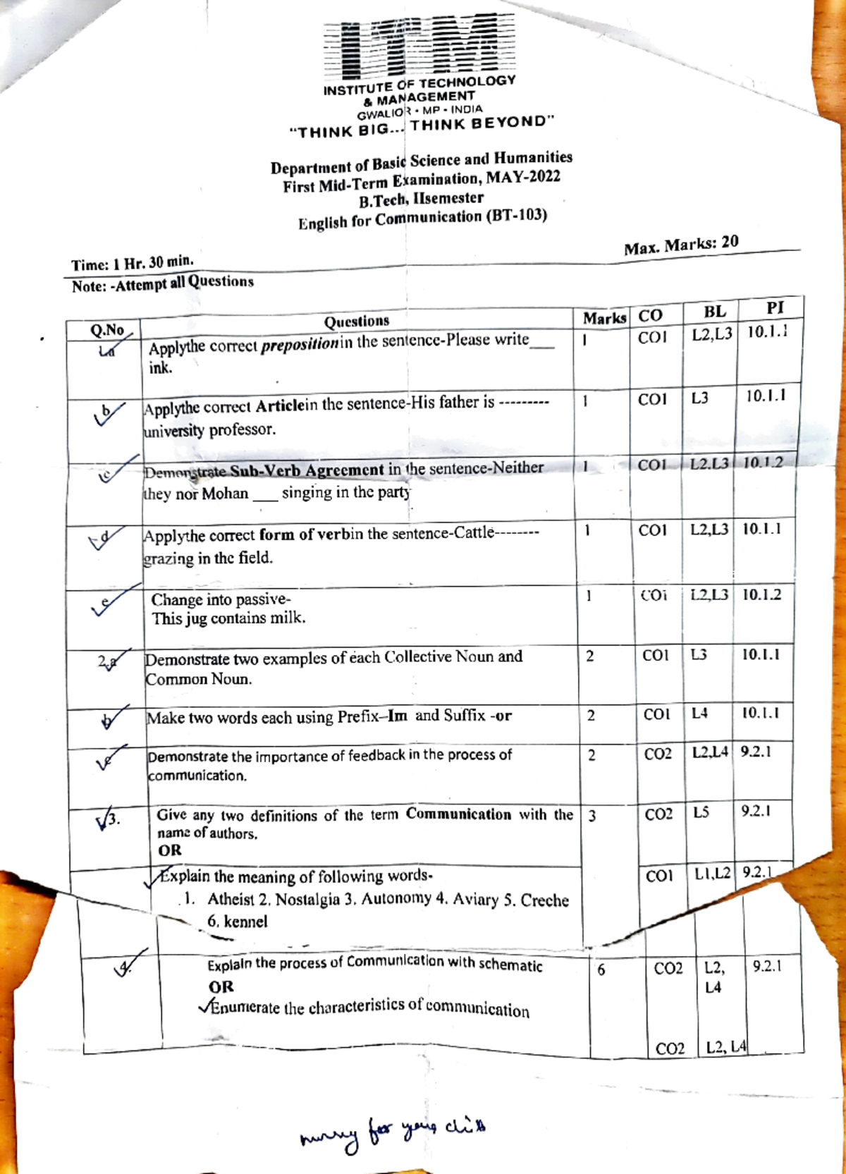 ITM Gwalior Mid Term 1 BT-103 Question Paper May 2022 - Time: 1Hr. 30 min. Note: -Attempt all ...