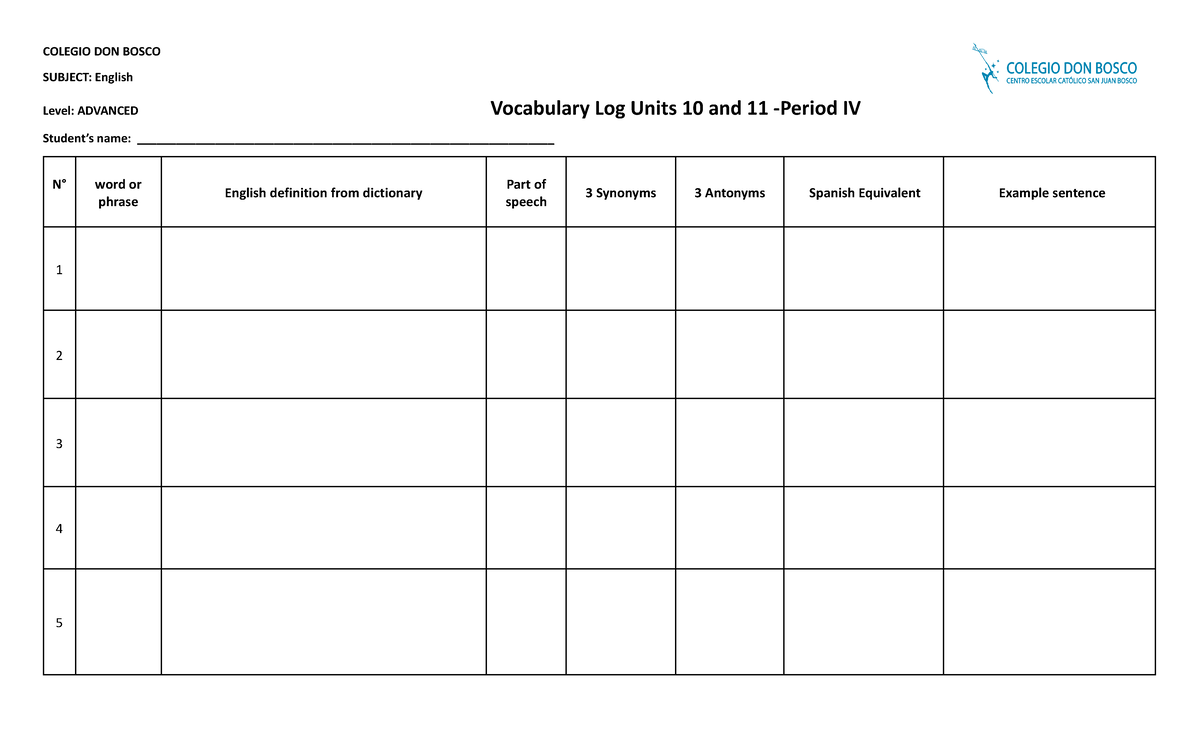 Units 10-11 ADV voc log - Glossary. - COLEGIO DON BOSCO SUBJECT ...