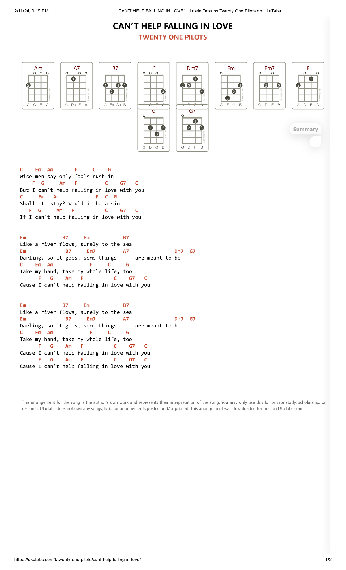 CAN’T HELP Falling IN LOVE Ukulele Tabs by Twenty One Pilots on Uku ...