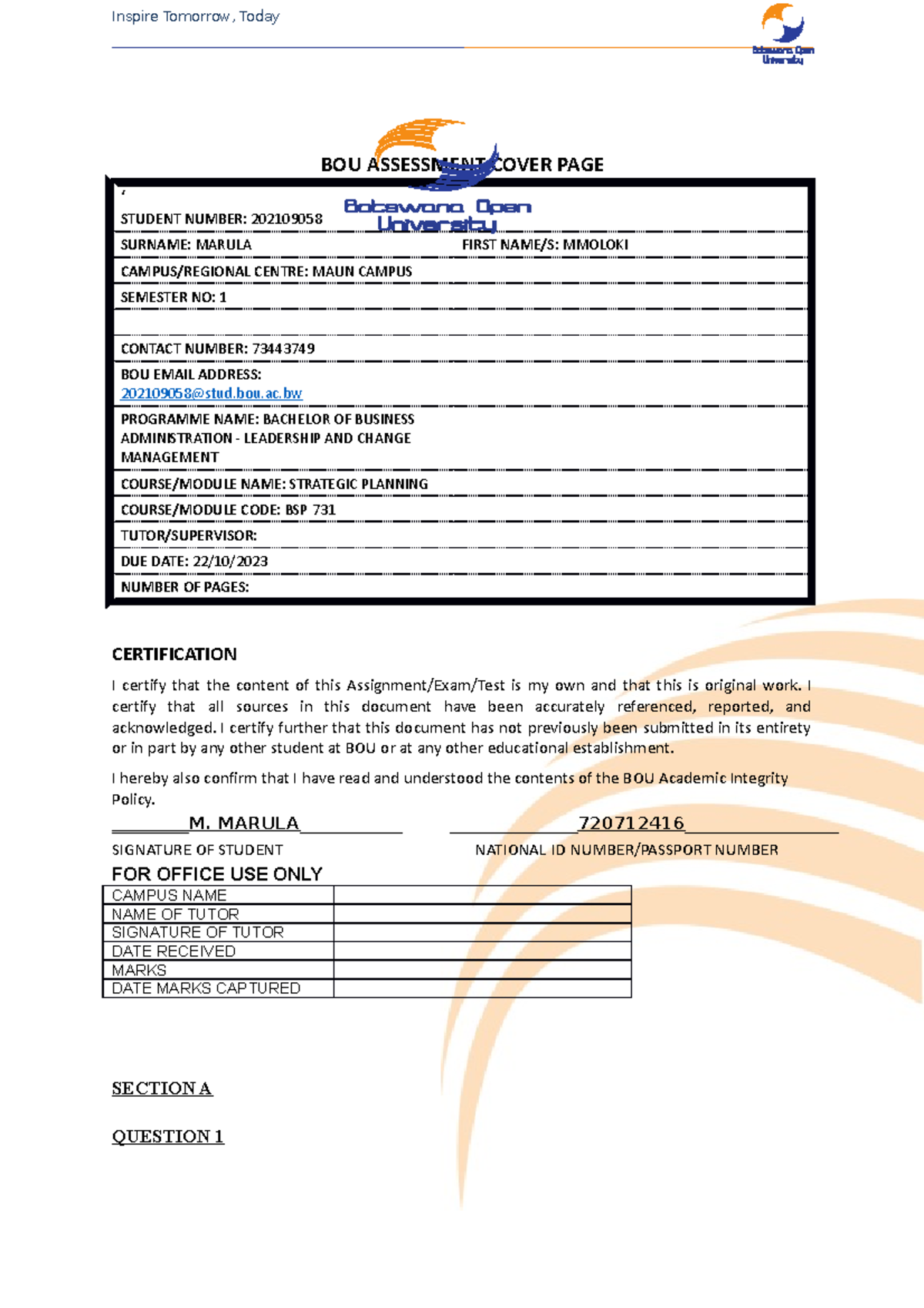 BSP 731 Assignment - BOU ASSESSMENT COVER PAGE ‘ STUDENT NUMBER ...