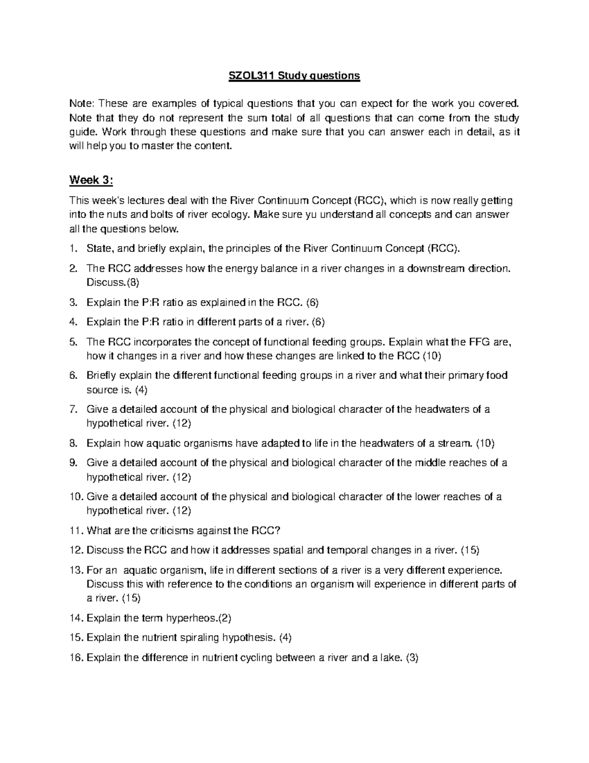 Week 3 Study Questions - River Continuum Concept - SZOL311 Study ...