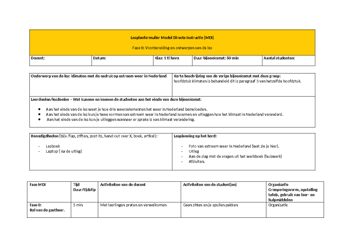 Lesvoorbereidingsformulier MDI leeg - Lesplanformulier Model Directe ...