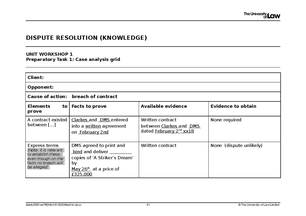 Workshop 1 - Case Analysis - DISPUTE RESOLUTION (KNOWLEDGE) UNIT ...