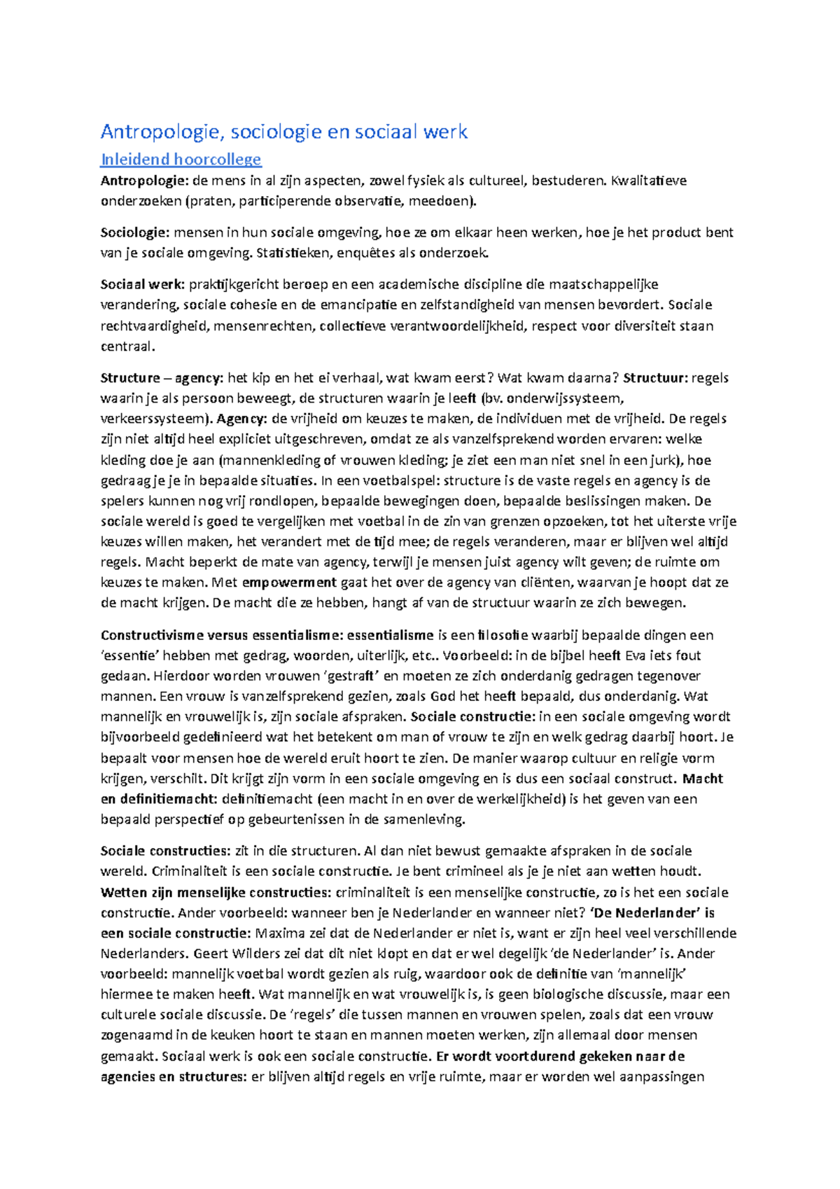 Antropologie samenvatting - Antropologie, sociologie en sociaal werk Inleidend hoorcollege ...