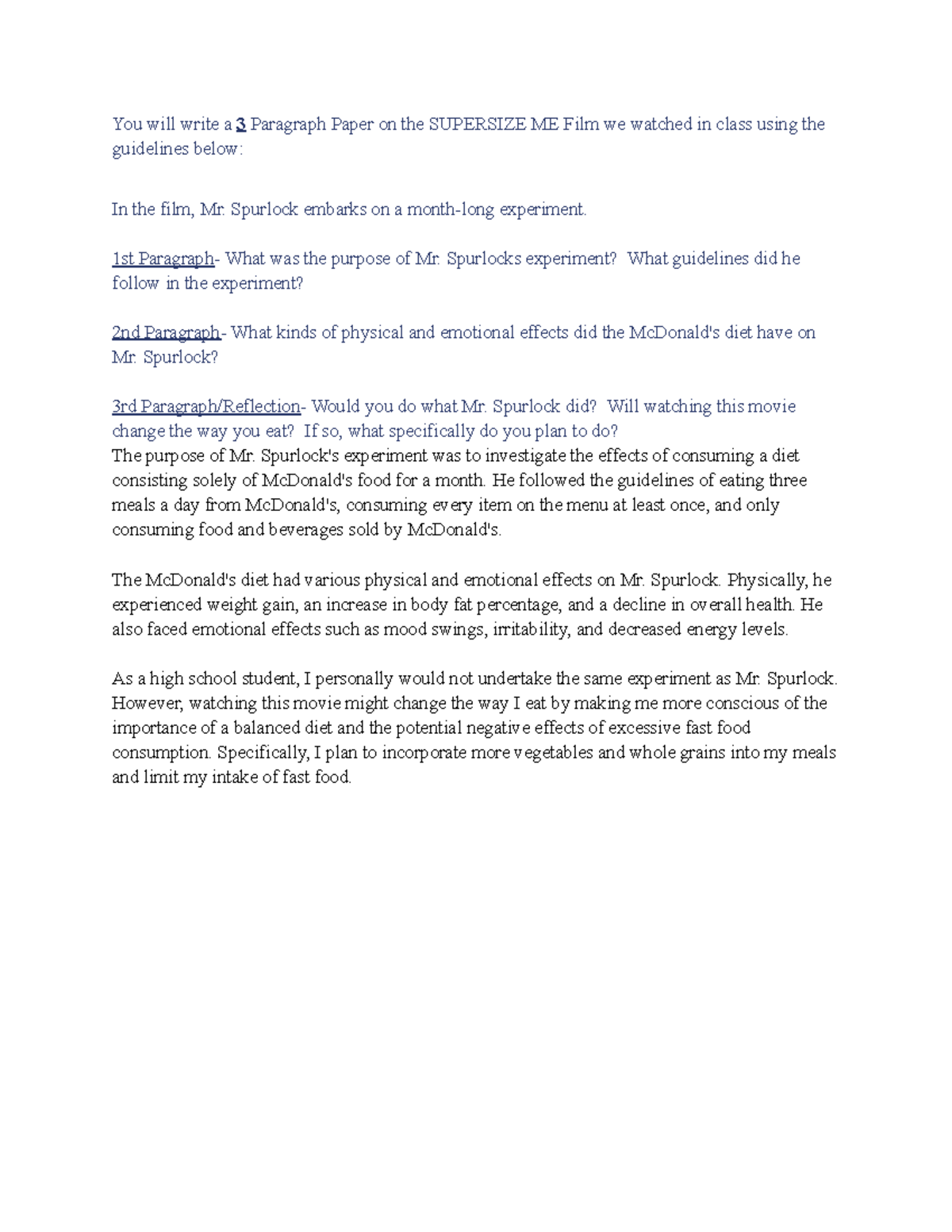 Copy of "Supersize Me" Paper - You will write a 3 Paragraph Paper on ...