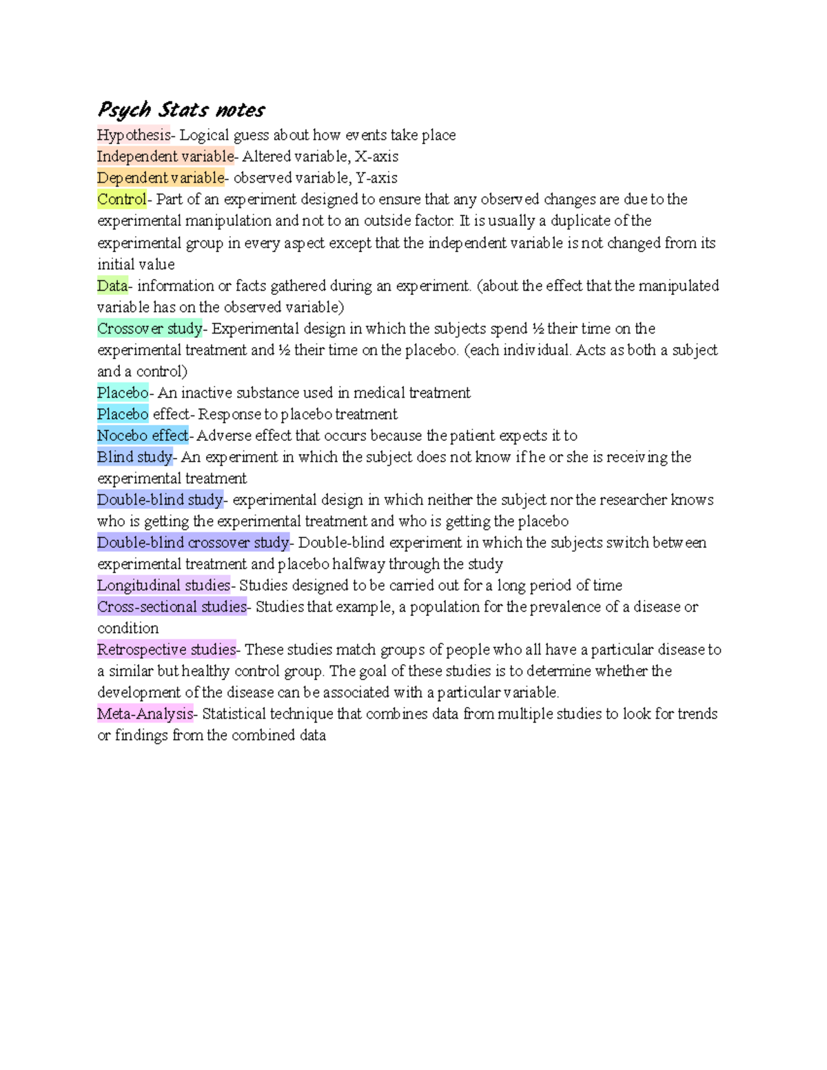 Psych Stats notes - Psych Stats notes Hypothesis- Logical guess about ...