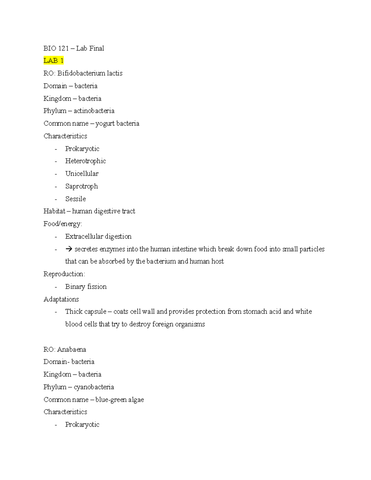 BIO 121 - lab final - BIO 121 – Lab Final LAB 1 RO: Bifidobacterium ...