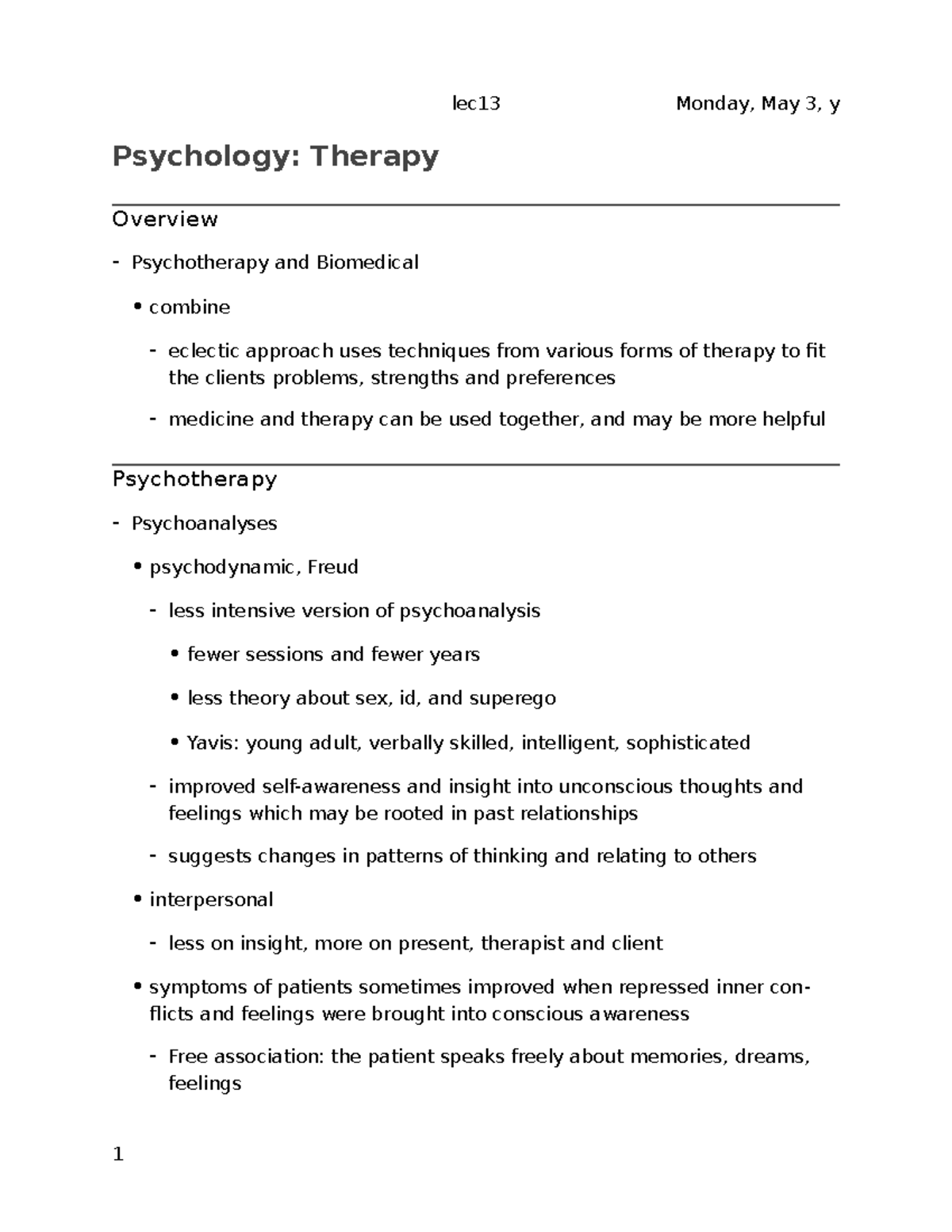 Lec13 - Lecture notes 13 - lec13 Tuesday, December 3, y Psychology ...