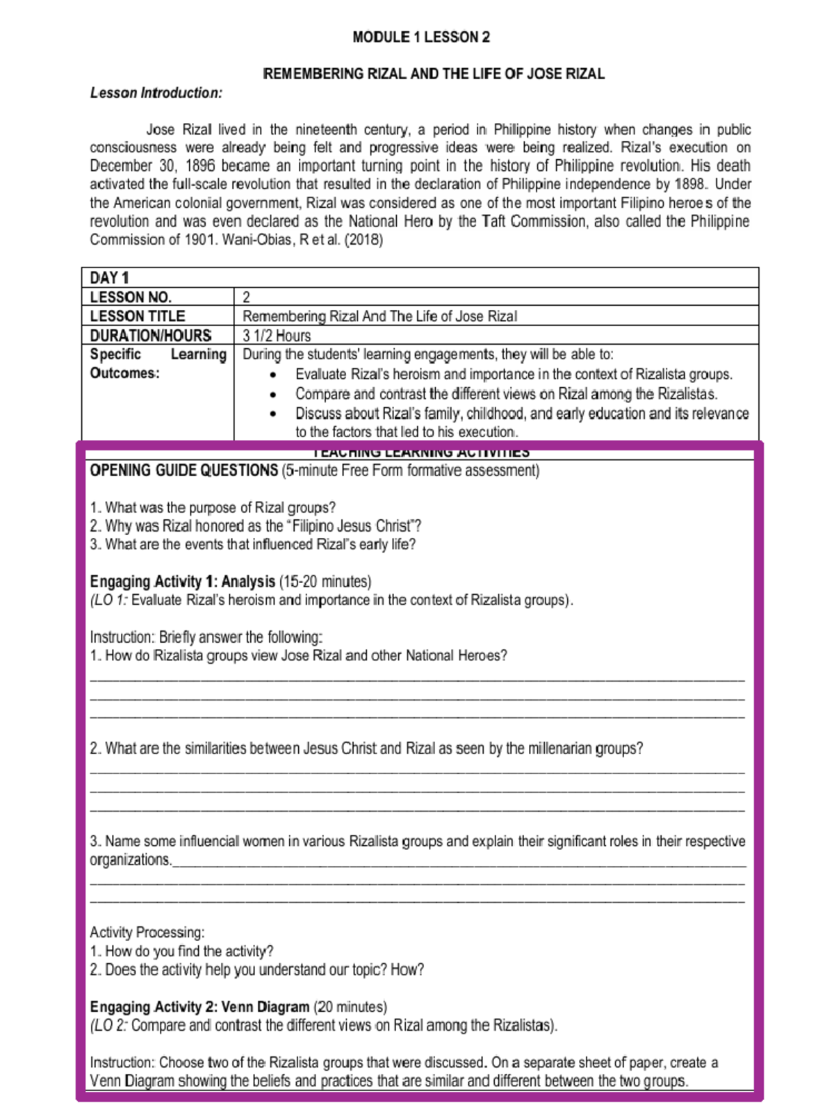 Rizal Lesson 2 - SOUTH PLAINS 1 - MODULE 1 LESSON 2 REMEMBERING RIZAL ...