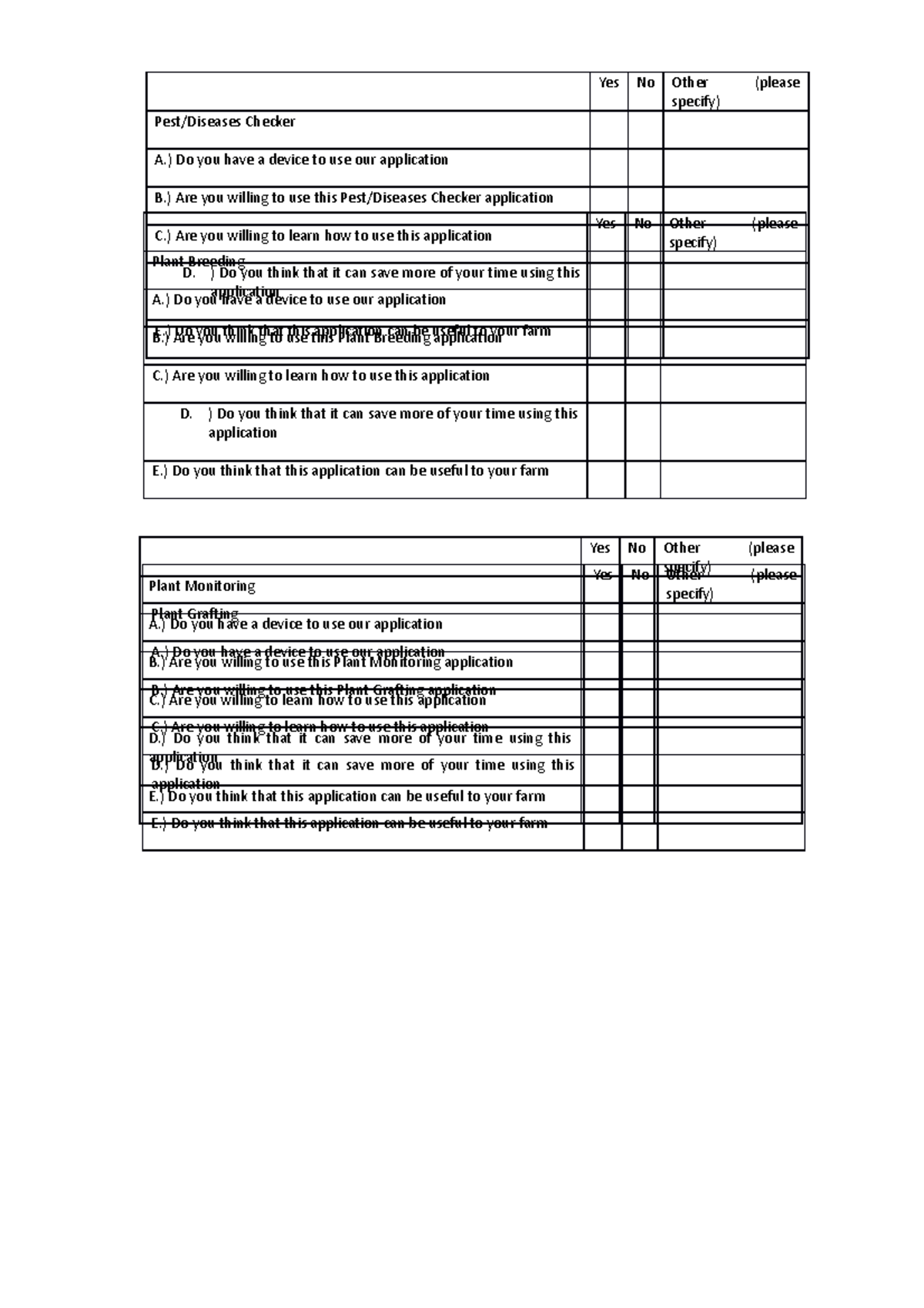 Survey Questionnaire - none, sorry. - Yes No Other (please specify ...