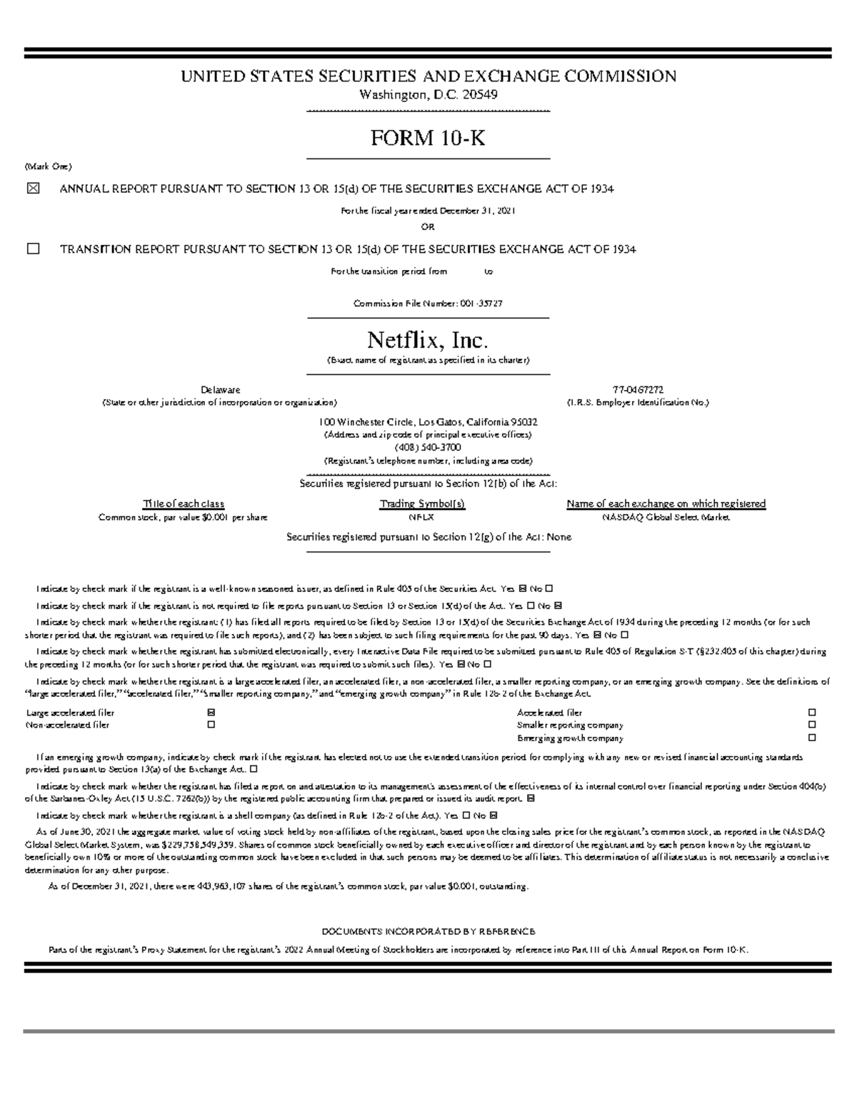 Netflix Form 10-K - Statement - UNITED STATES SECURITIES AND EXCHANGE ...