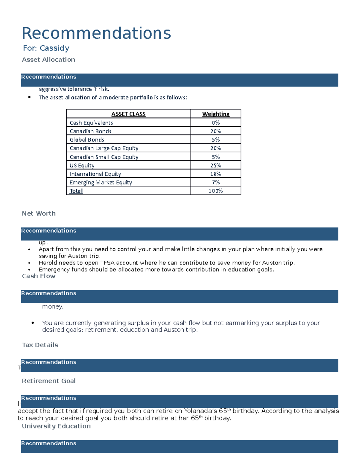 Recommendations Template - Recommendations For: Cassidy Asset ...