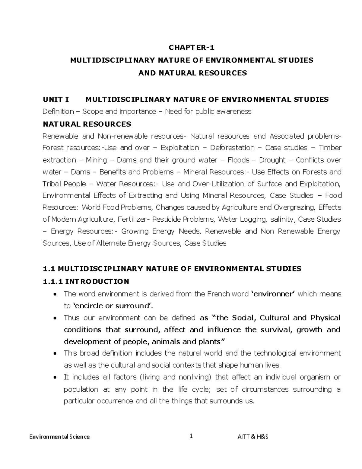 Environmental Studies Lecture Notes 1 - CHAPTER- MULTIDISCIPLINARY ...