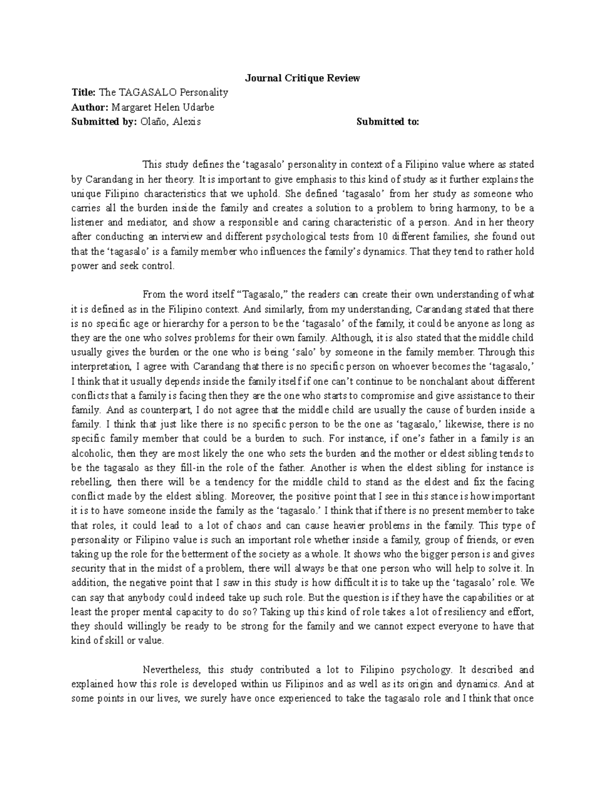 Journal Critique - Olaño - Journal Critique Review Title: The TAGASALO ...