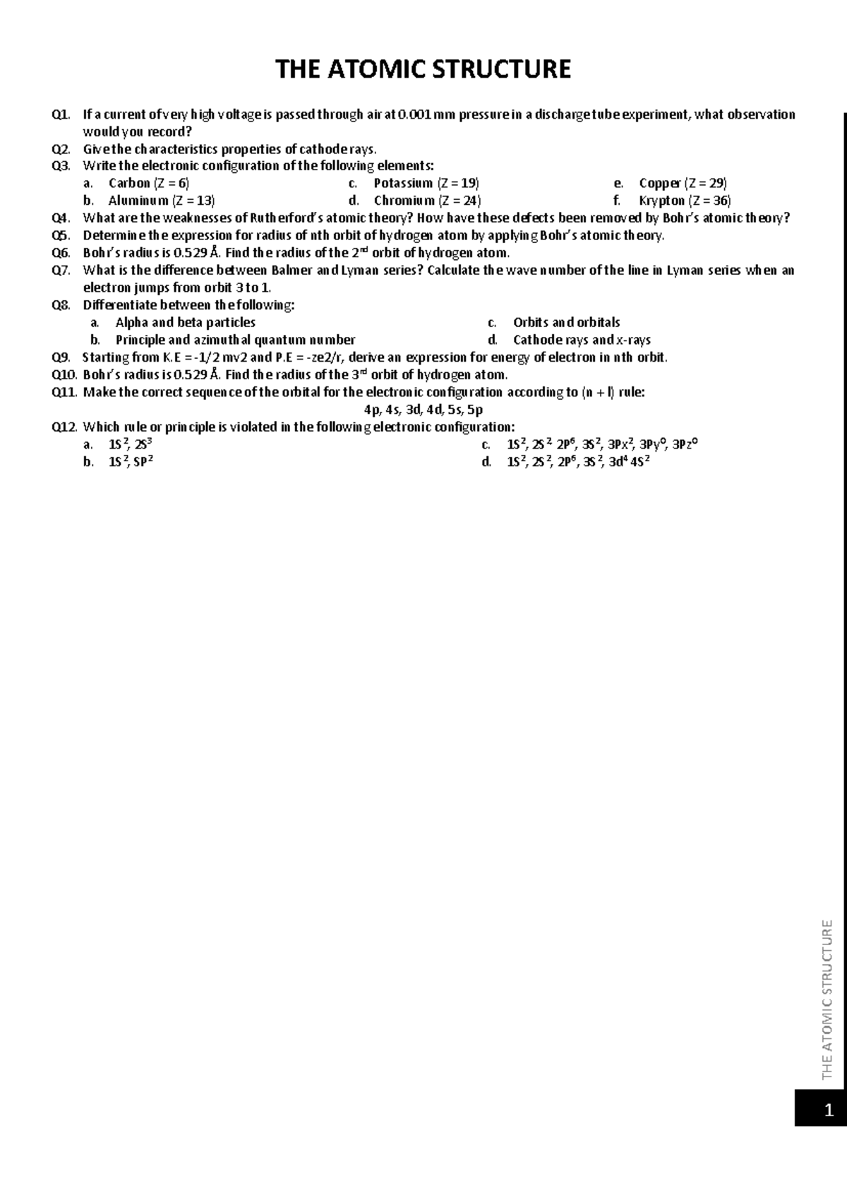 Chemistry Atomic Structure Assignment Questions - THE ATOMIC STRUCTURE ...