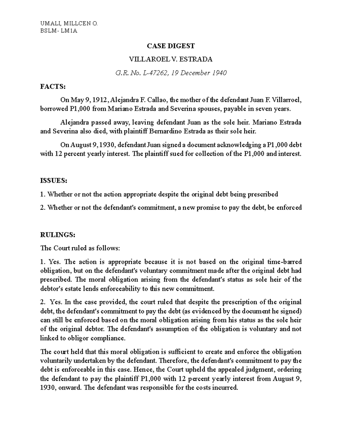 Estrabshaja v ahajsks - UMALI, MILLCEN O. BSLM- LM1A CASE DIGEST VILLAROEL V. ESTRADA G. No ...