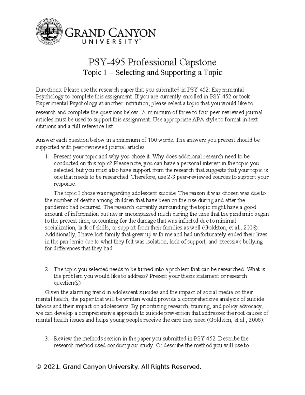 PSY495-RS-T1-Selecting Supporting Topic - PSY-495 Professional Capstone Topic 1 – Selecting and ...
