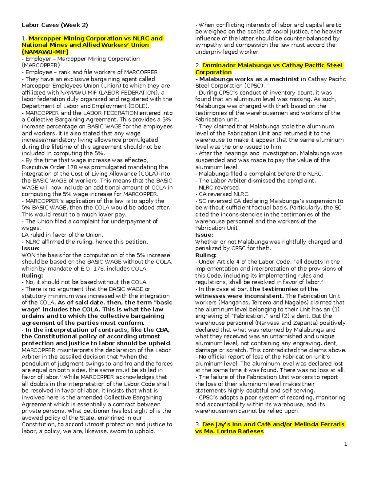 Labor Cases (Week 2) - MARCOPPER and the LABOR FEDERATION entered into ...