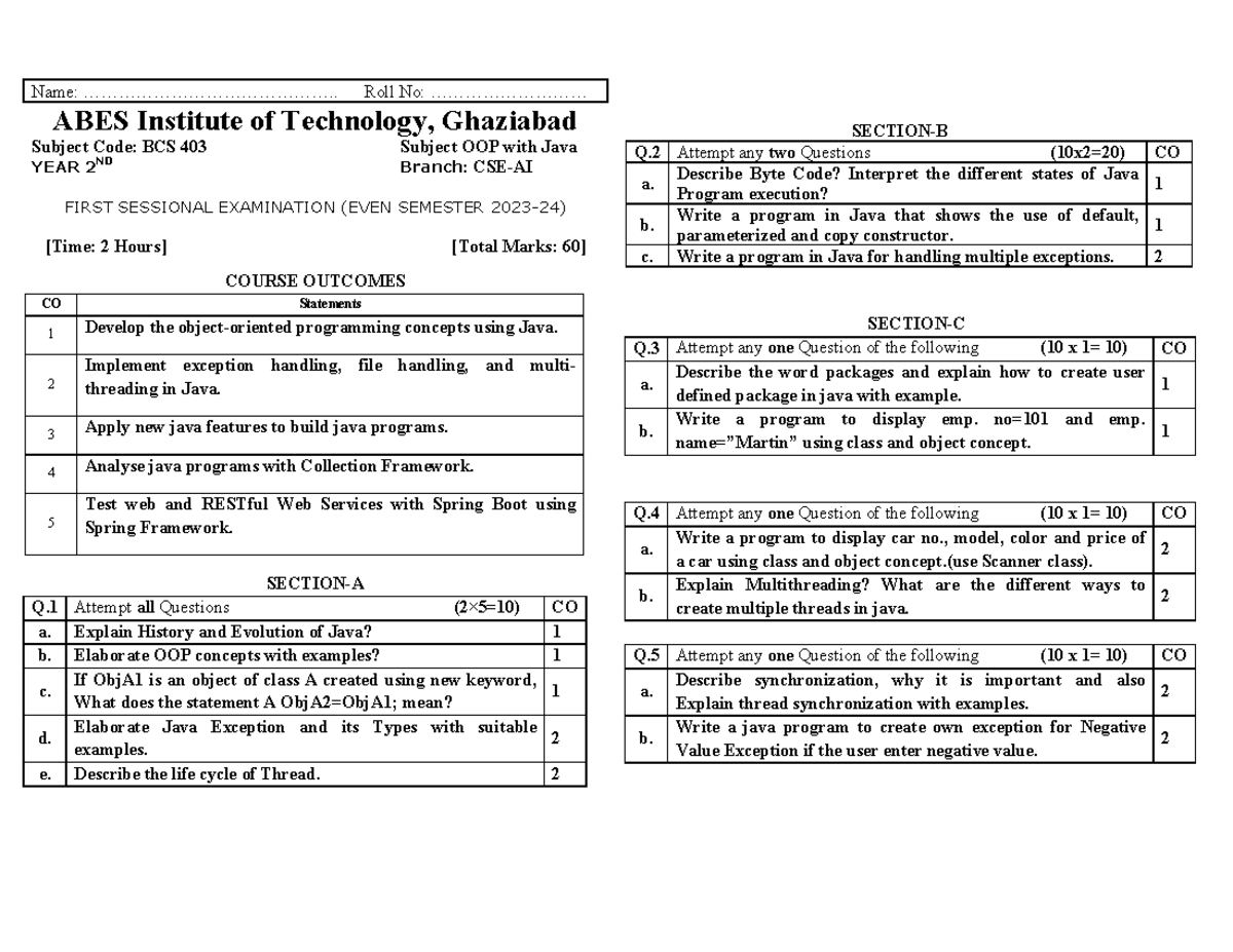 Updated JAVA Sessional 1 - Name: ............................................ Roll No: - Studocu