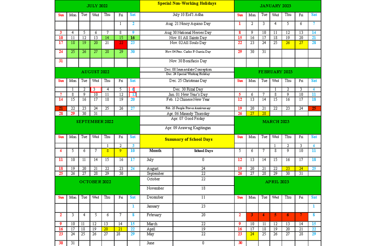 School Calendar S.Y. 2022-2023 - JULY 2022 Special Non-Working Holidays ...