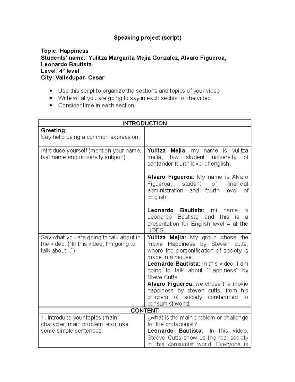 Formato Video Script 4 - apuntes ingles - Speaking project (script ...