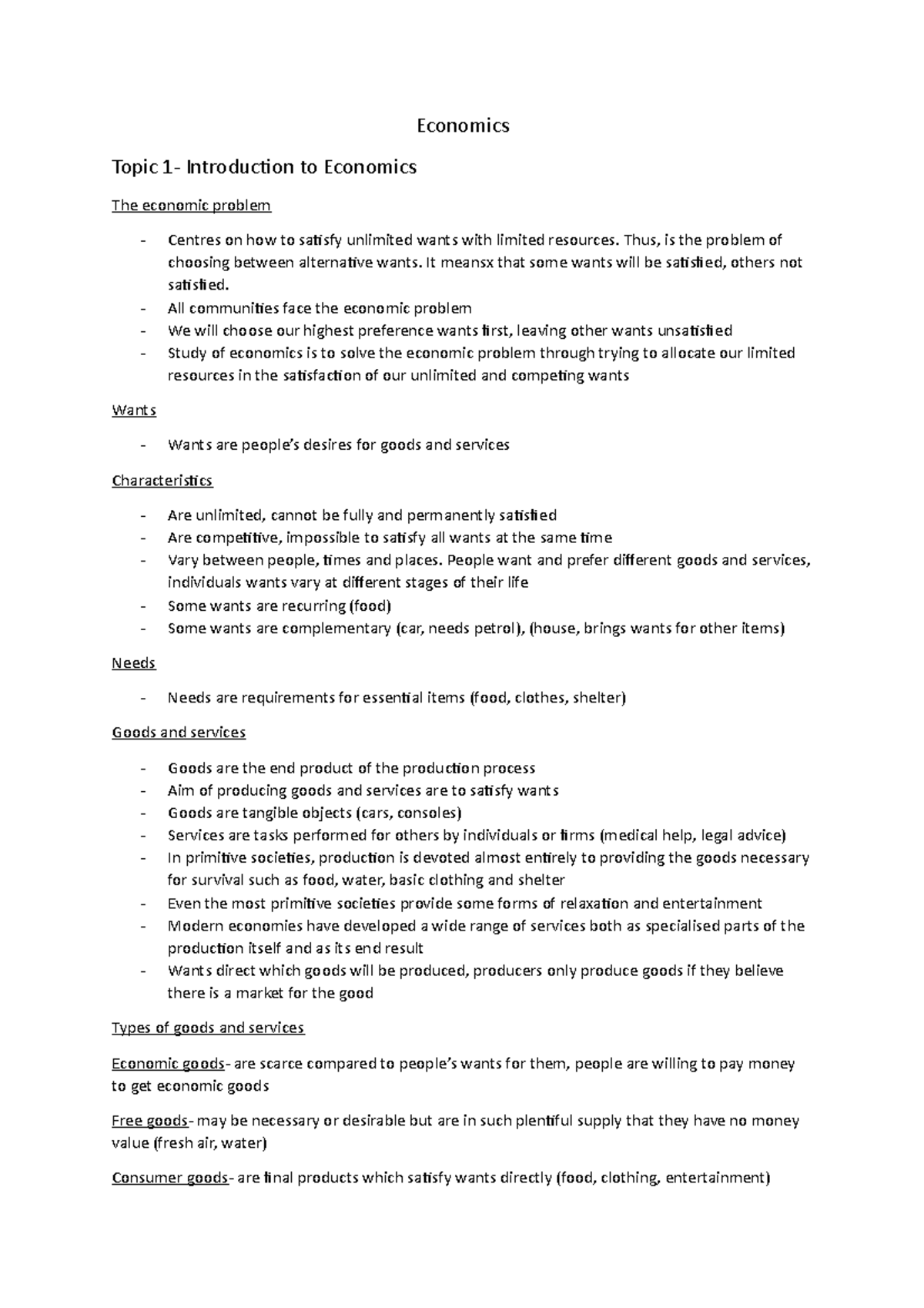 Economics - Economics Topic 1- Introduction to Economics The economic ...