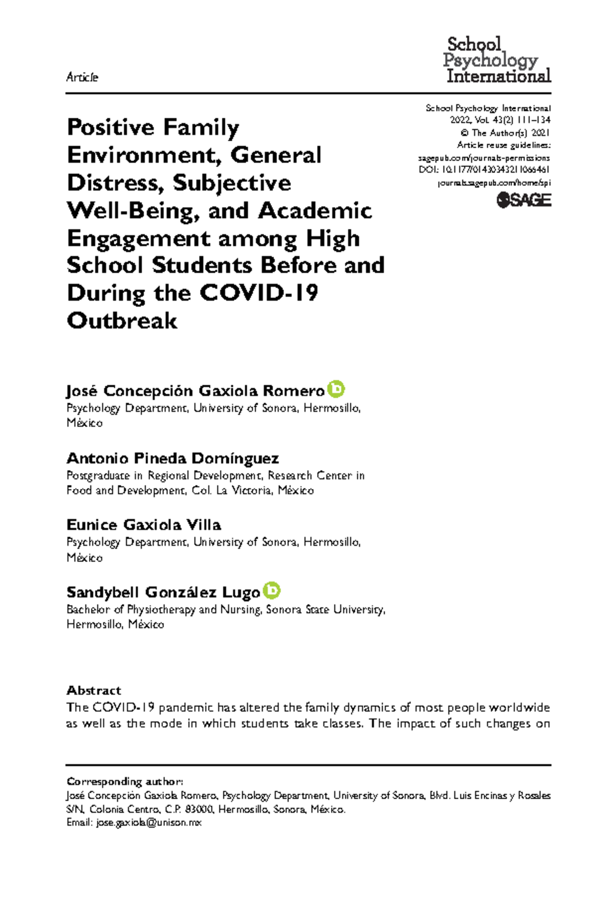 Positive Family Environment, General Distress, Subjective Well-Being ...