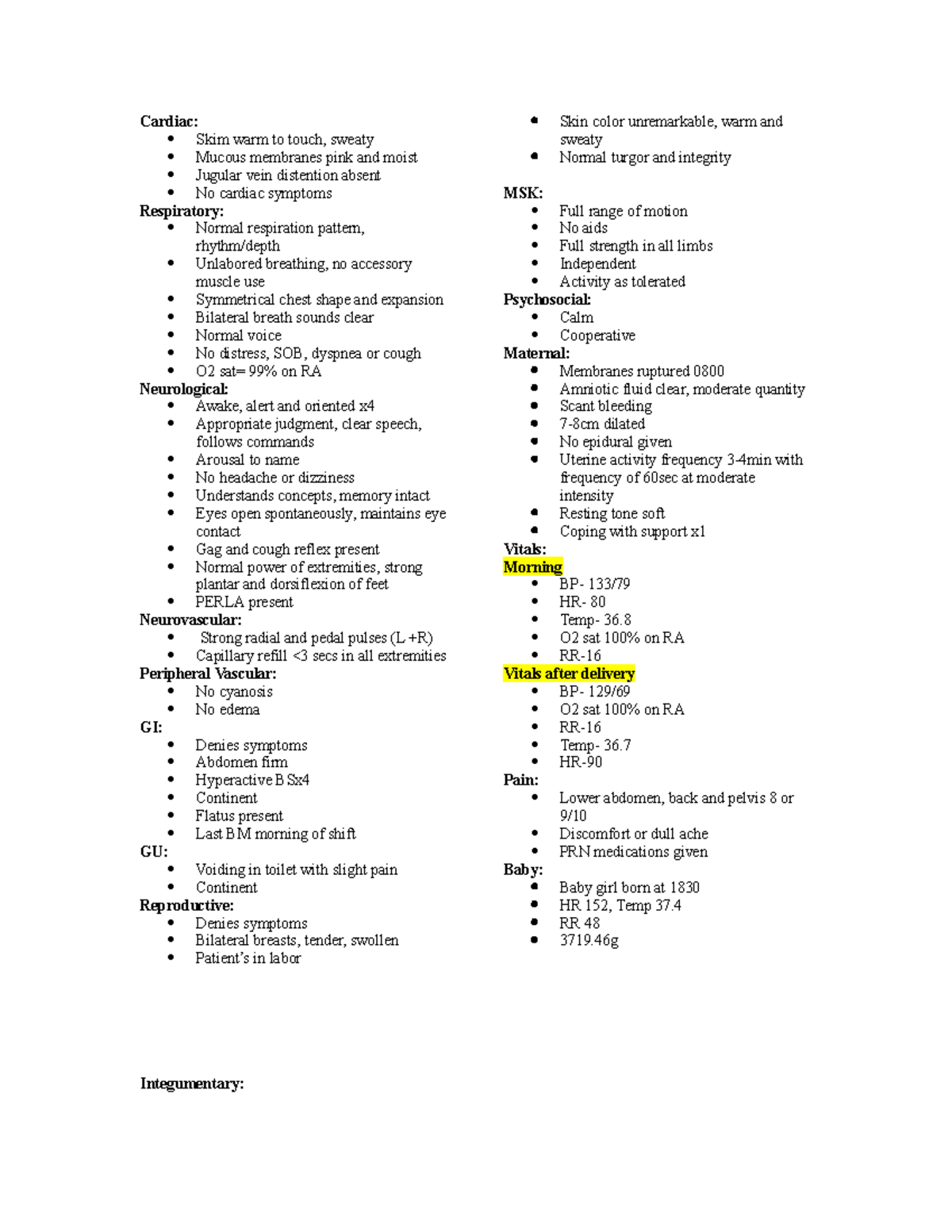 Notes for first lab - Cardiac: Skim warm to touch, sweaty Mucous ...