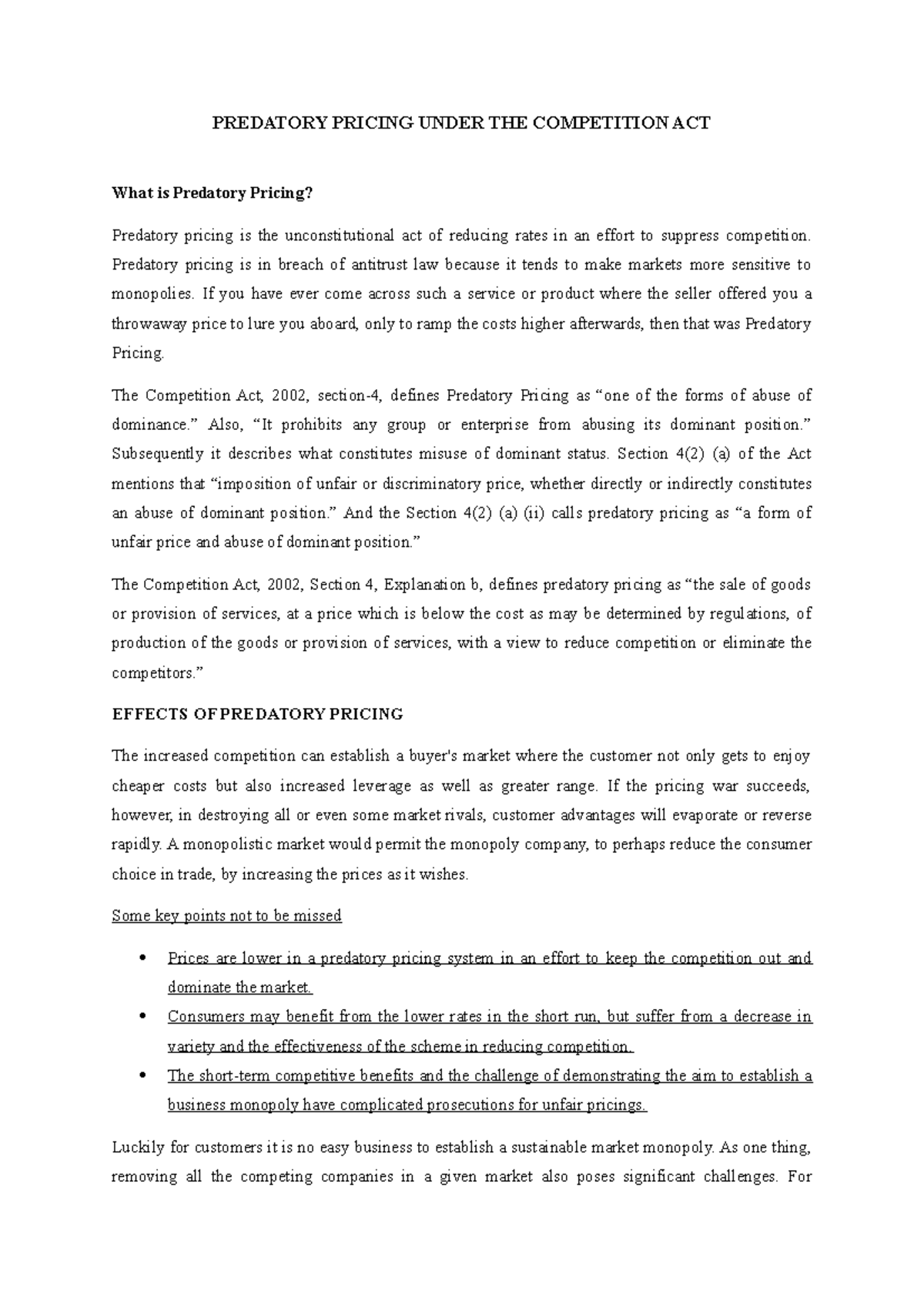 Predatory Pricing under the Competition Act - PREDATORY PRICING UNDER ...