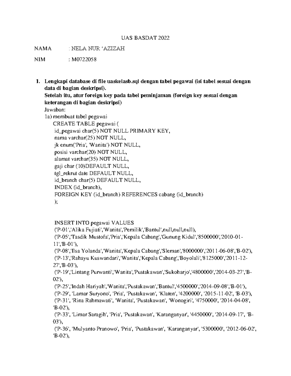 UAS Semester 1 Basdat Statistika - UAS BASDAT 2022 NAMA : NELA NUR ‘AZIZAH NIM : M Lengkapi ...