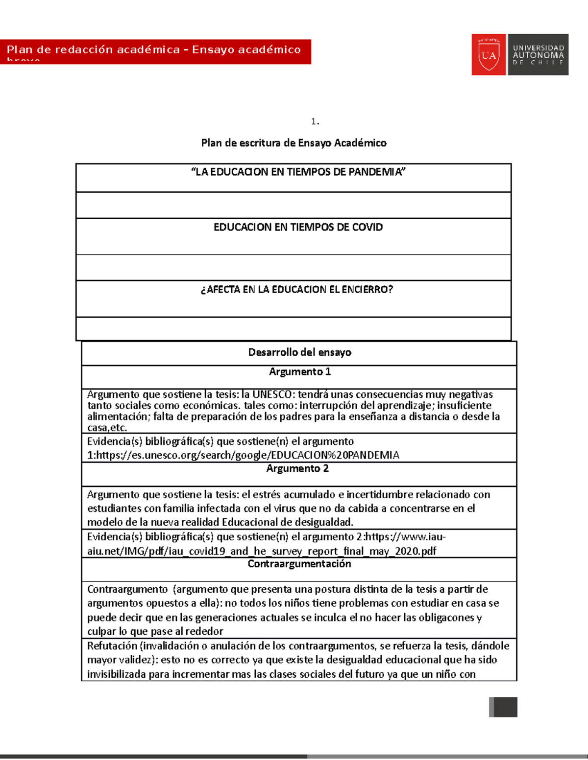 Plan de escritura de Ensayo Académico - Comunicación en Contexto - UA ...