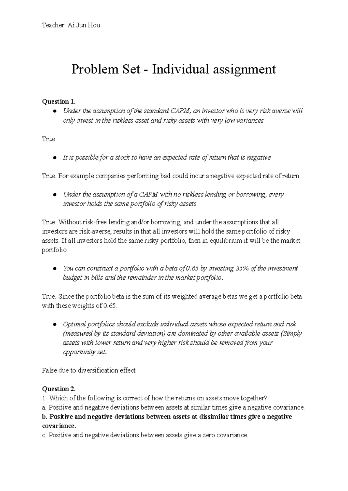 Portfolio Theory Individual Assignment - Problem Set - Individual assignment Question 1. Under ...