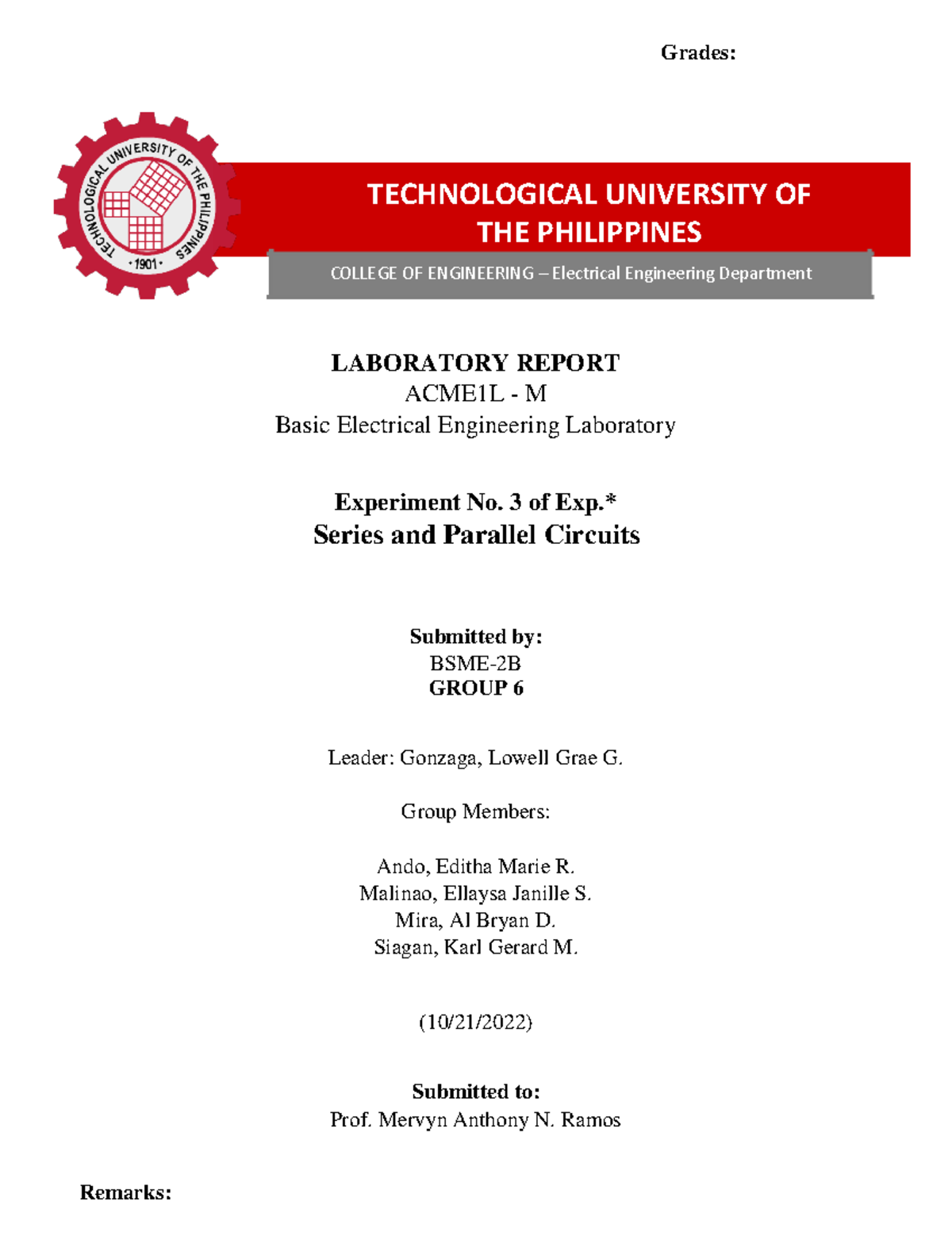 Experiment #3 Group 6 - electrical - Grades: TECHNOLOGICAL UNIVERSITY ...