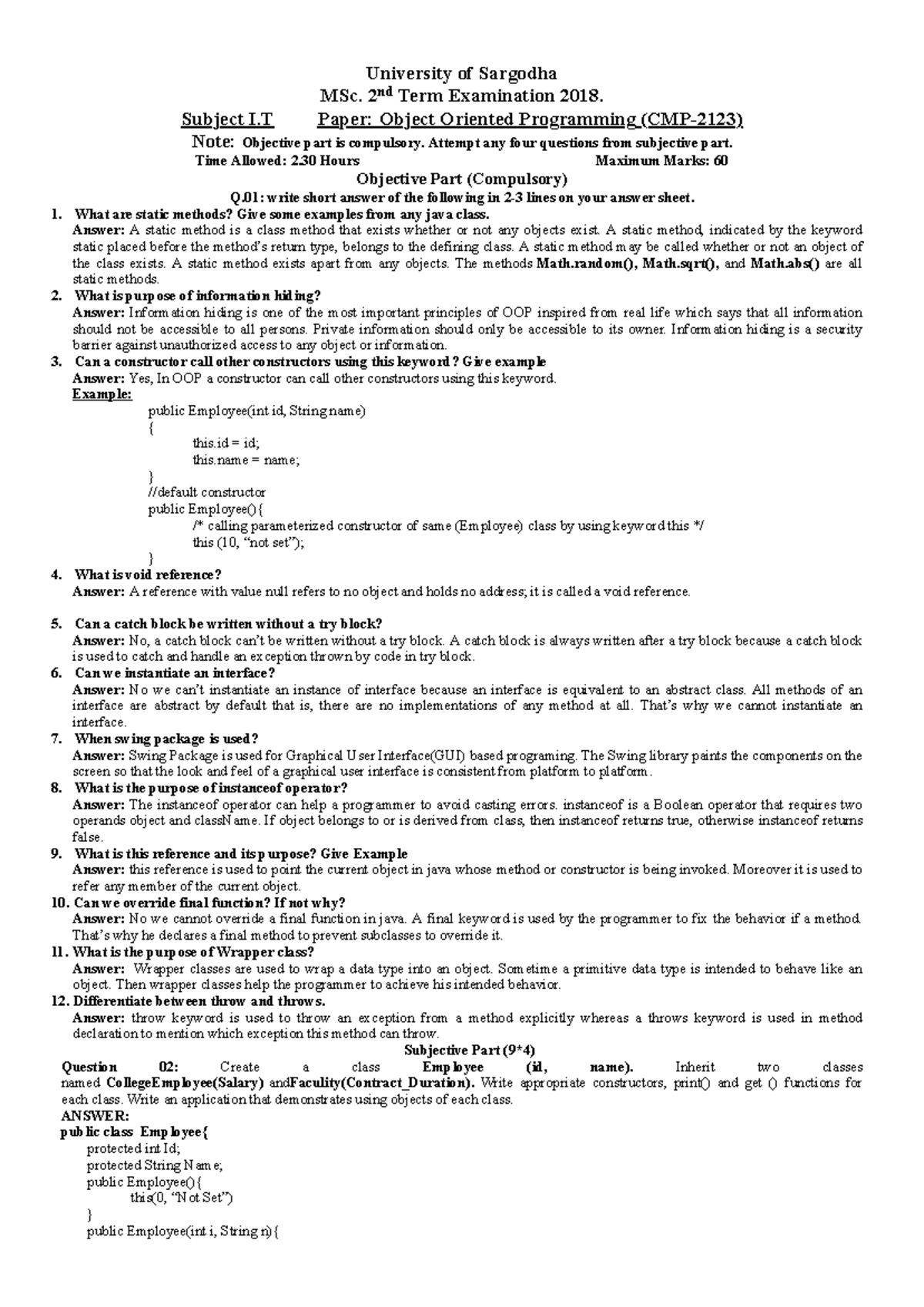 Exam 2018, answers - University of Sargodha MSc. 2 Term Examination ...