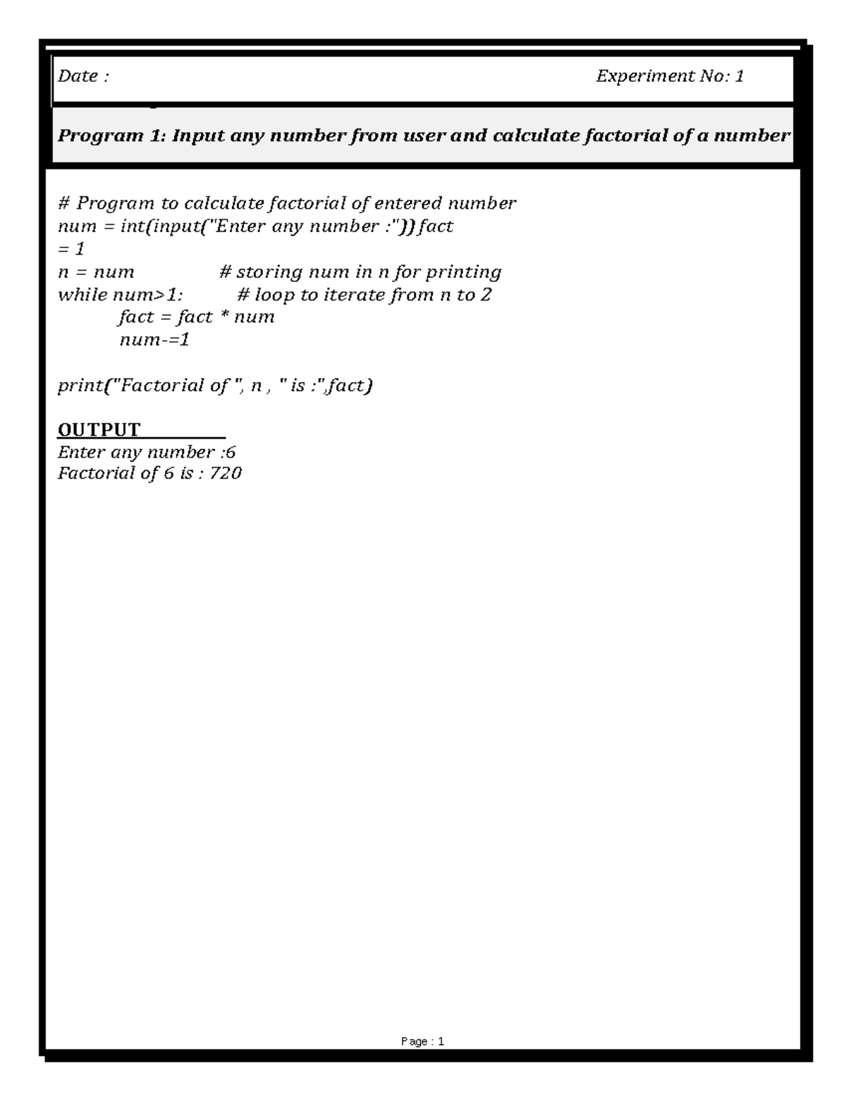Computer Science Practical File Xii 3 Page 1 Date Experiment No