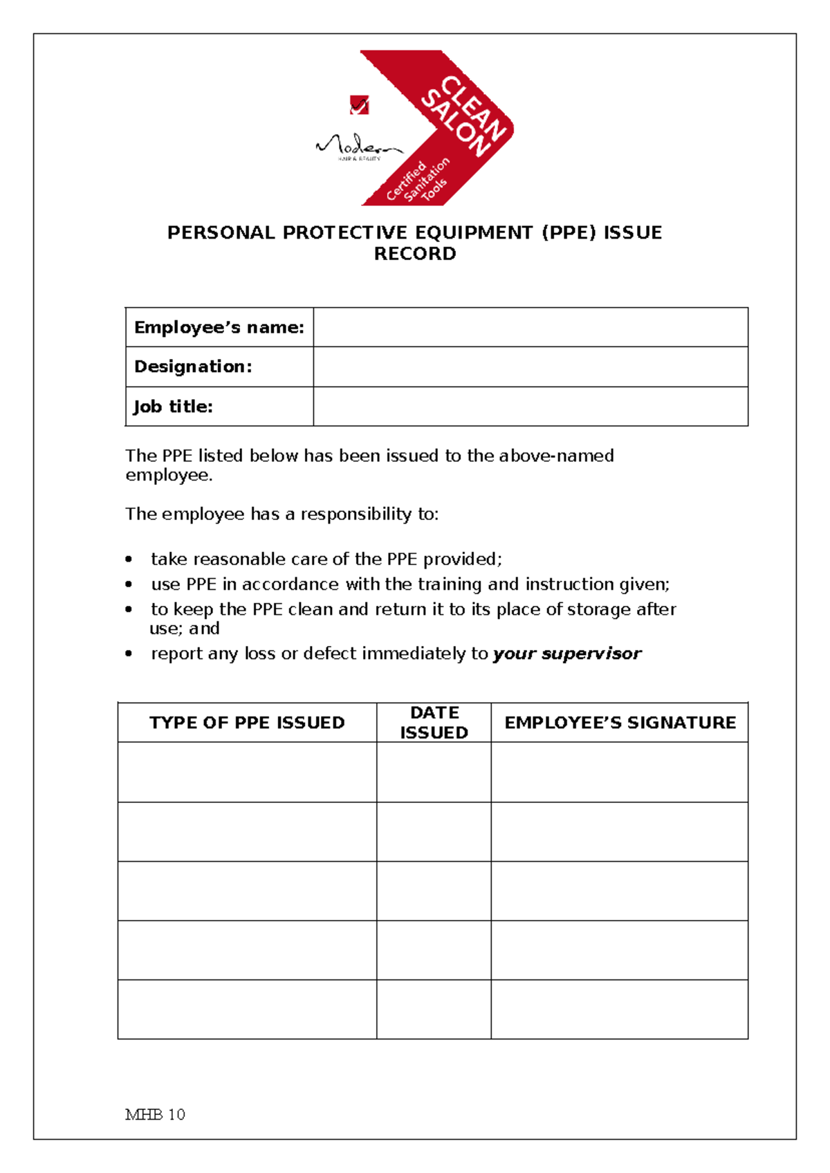 MHB 10 PPE Issue Register - PERSONAL PROTECTIVE EQUIPMENT (PPE) ISSUE ...