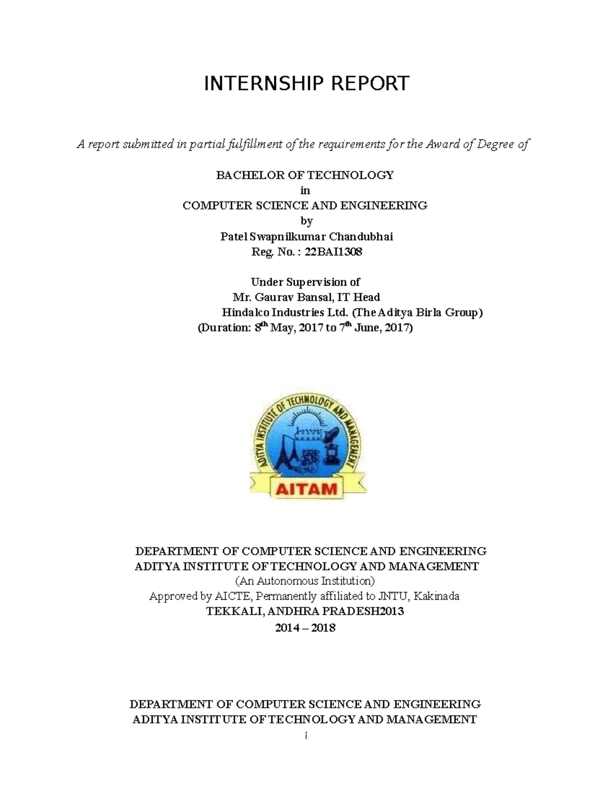 Internship-Report-sample - INTERNSHIP REPORT A report submitted in ...