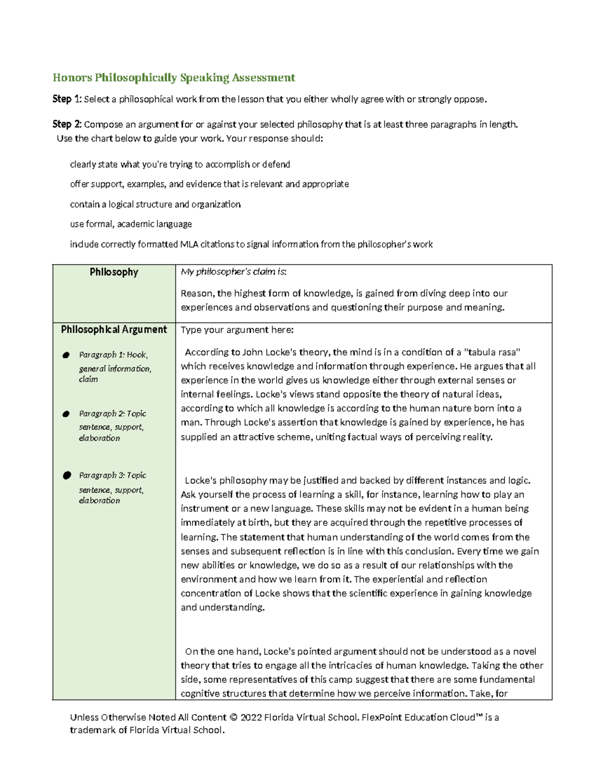 Philosophically speaking assess rubric - Honors Philosophically ...