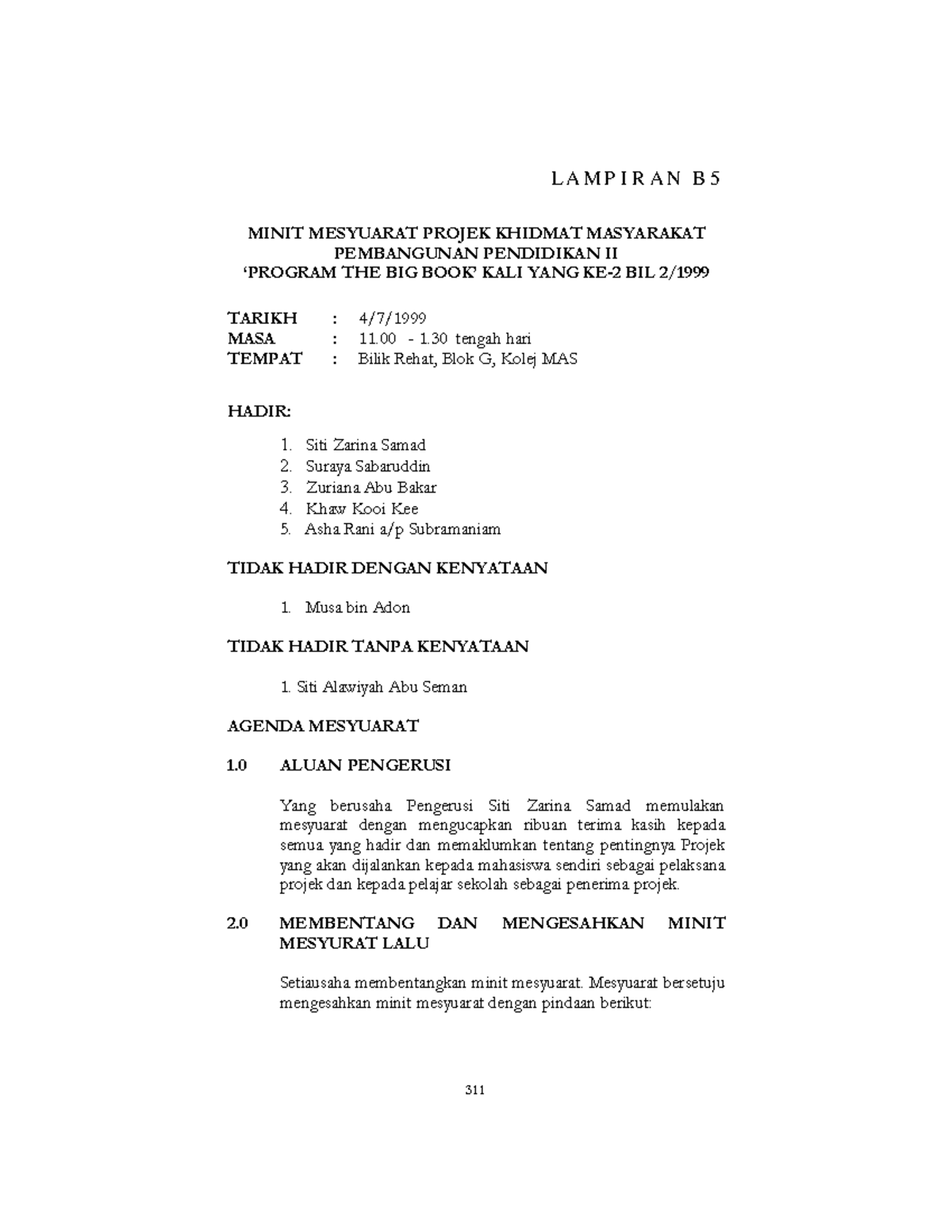 Lampiran 5 - TIADA - LA MP IR A N B 5 MINIT MESYUARAT PROJEK KHIDMAT MASYARAKAT PEMBANGUNAN ...