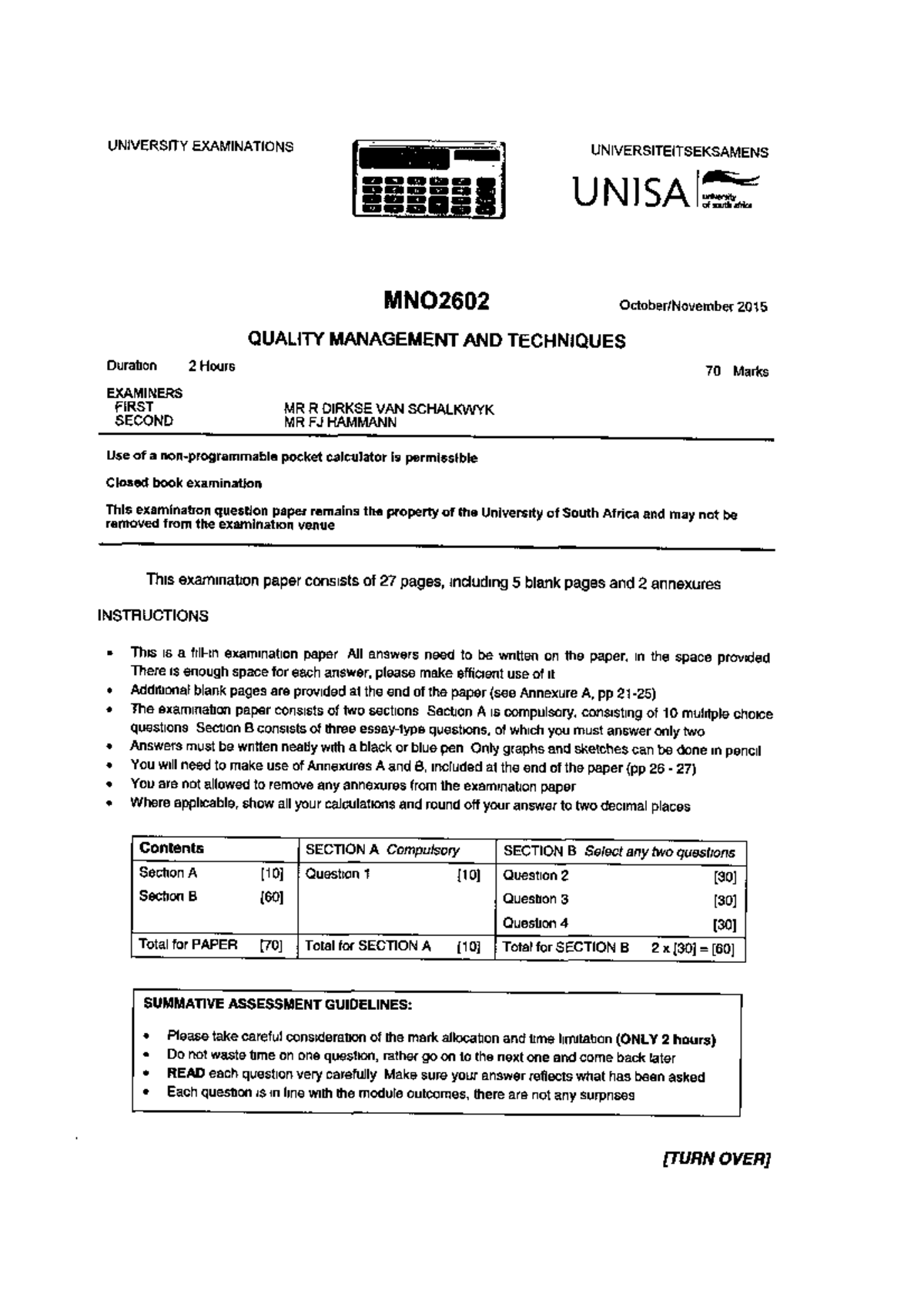 1. MNO2602 NOV 2015 EXAMINATION 2015 PAPER - MNO2602 - Unisa - Studocu