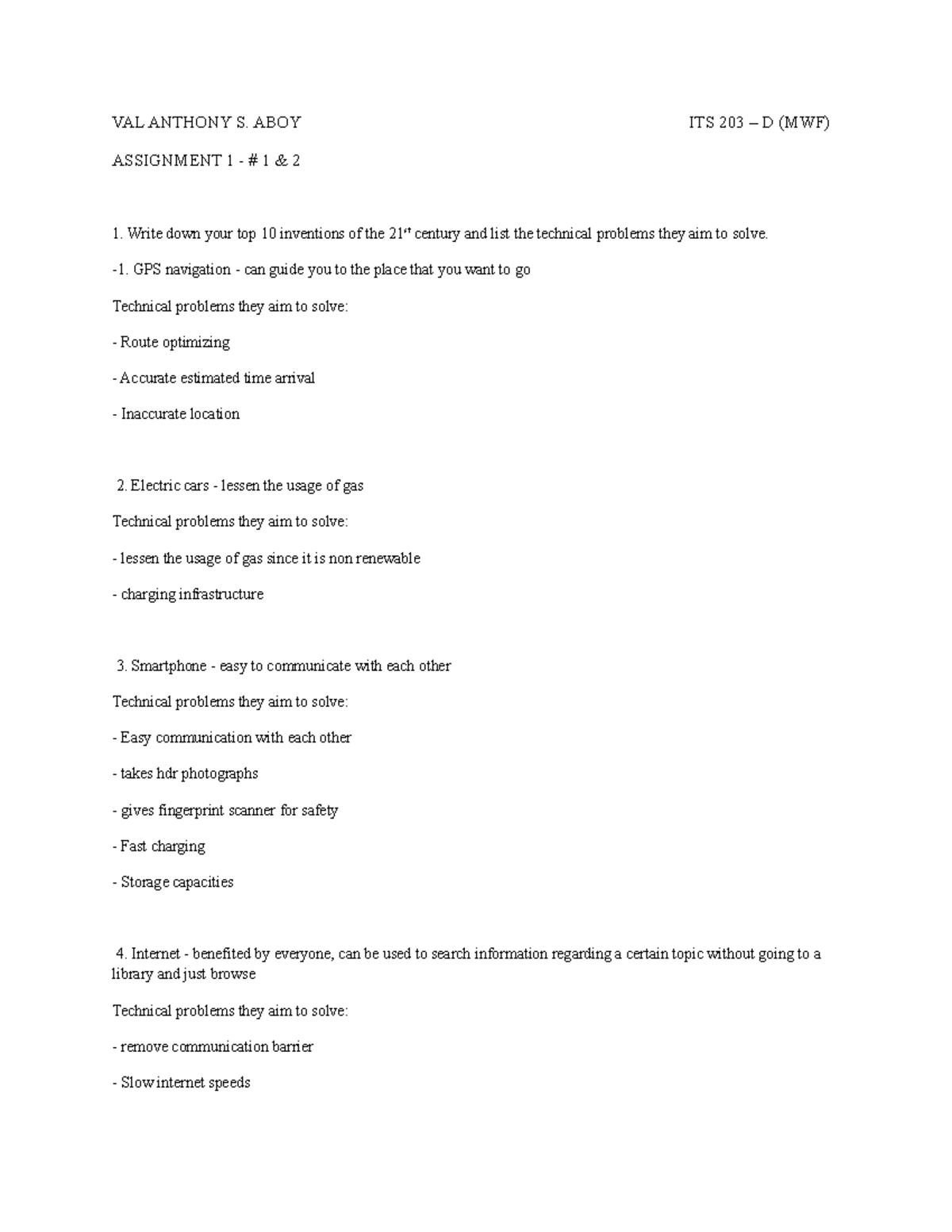 Assignment 1-1 AND 2 - VAL ANTHONY S. ABOY ITS 203 – D (MWF) ASSIGNMENT 1 - # 1 & 2 Write down ...